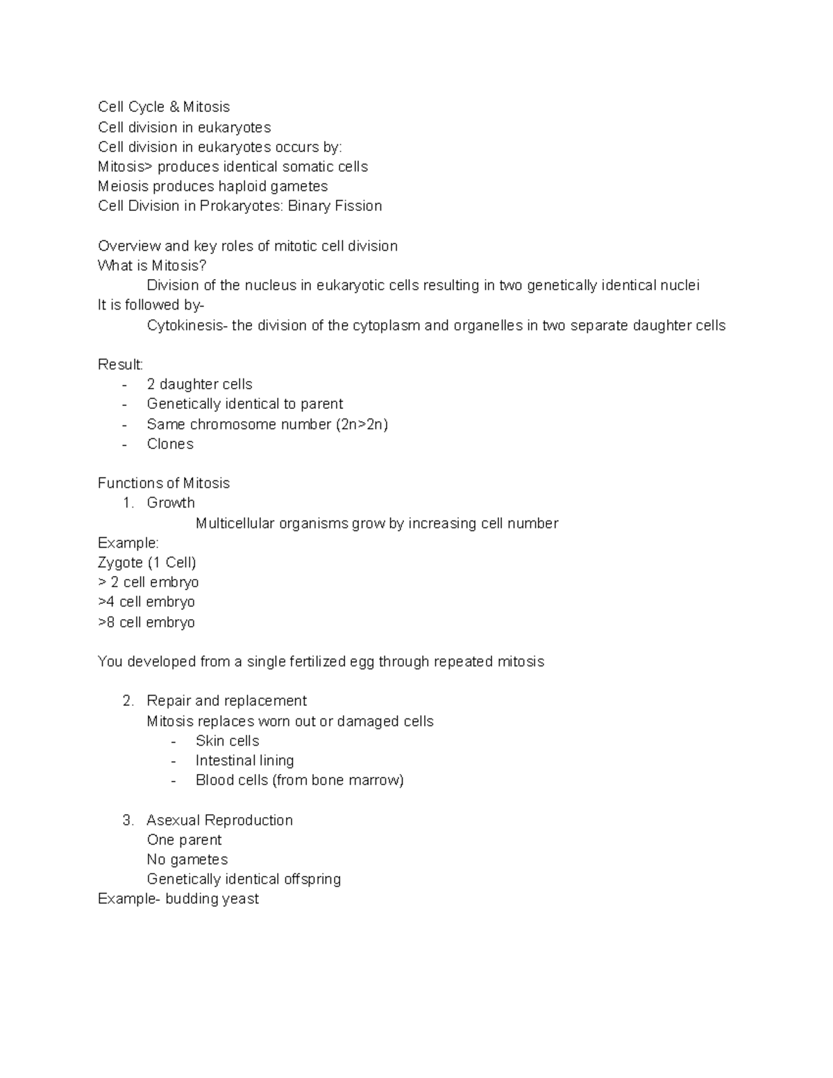 Exam 2 Biology - AK - Cell Cycle and Division Notes - Studocu