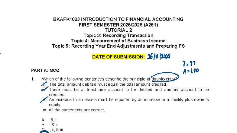 BKAFK1023 FINANCIAL ACCOUNTING TUTORIAL 2: Recording Transactions & FS ...