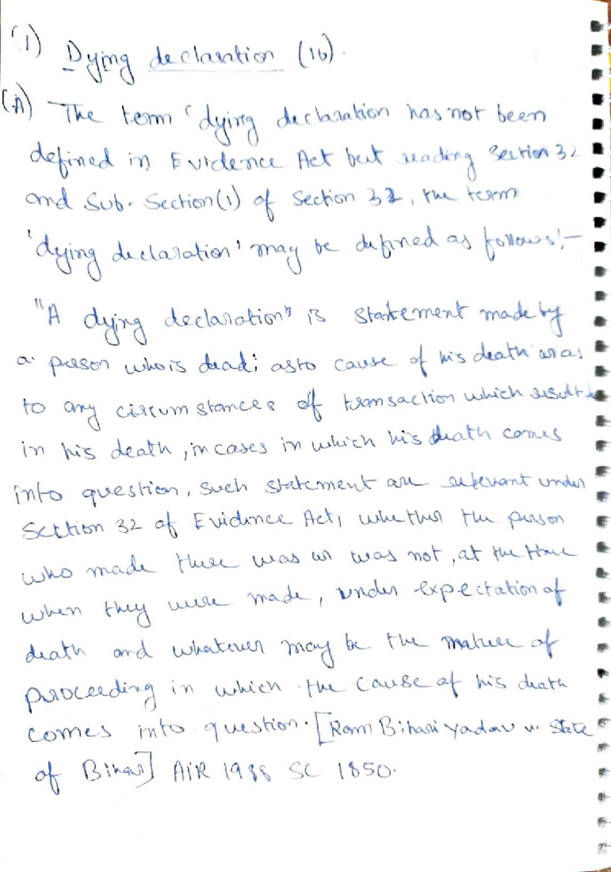 Dying Declaration in Evidence Law (Course Code: Evidence 101) - Studocu
