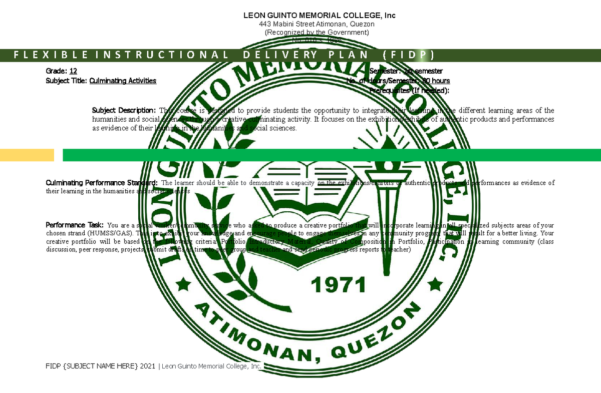 LGMC FIDP Template 2021 - Culminating Activity 12 - Grade: 12 Semester ...