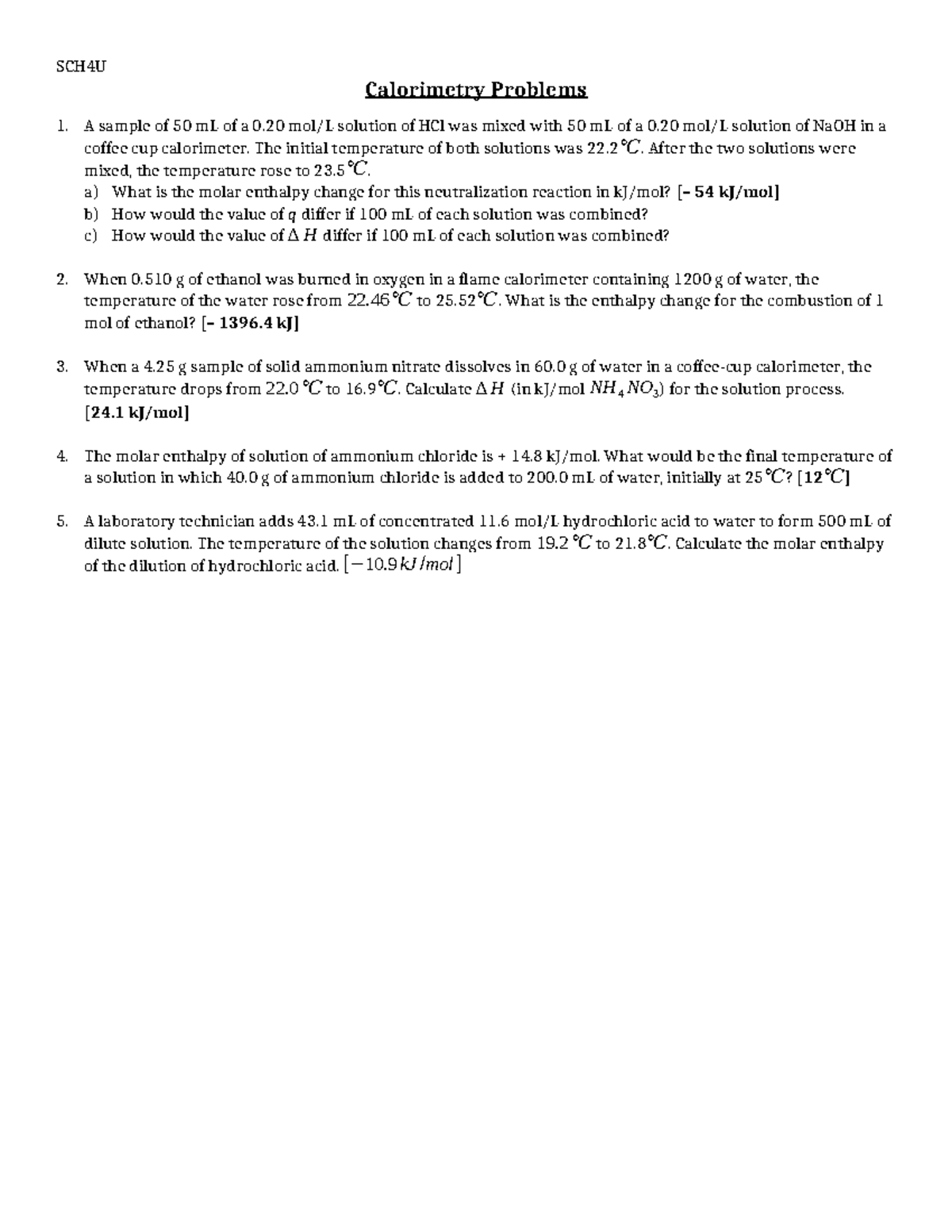 SCH4U Calorimetry Problem Set: Enthalpy Calculations and Solutions ...