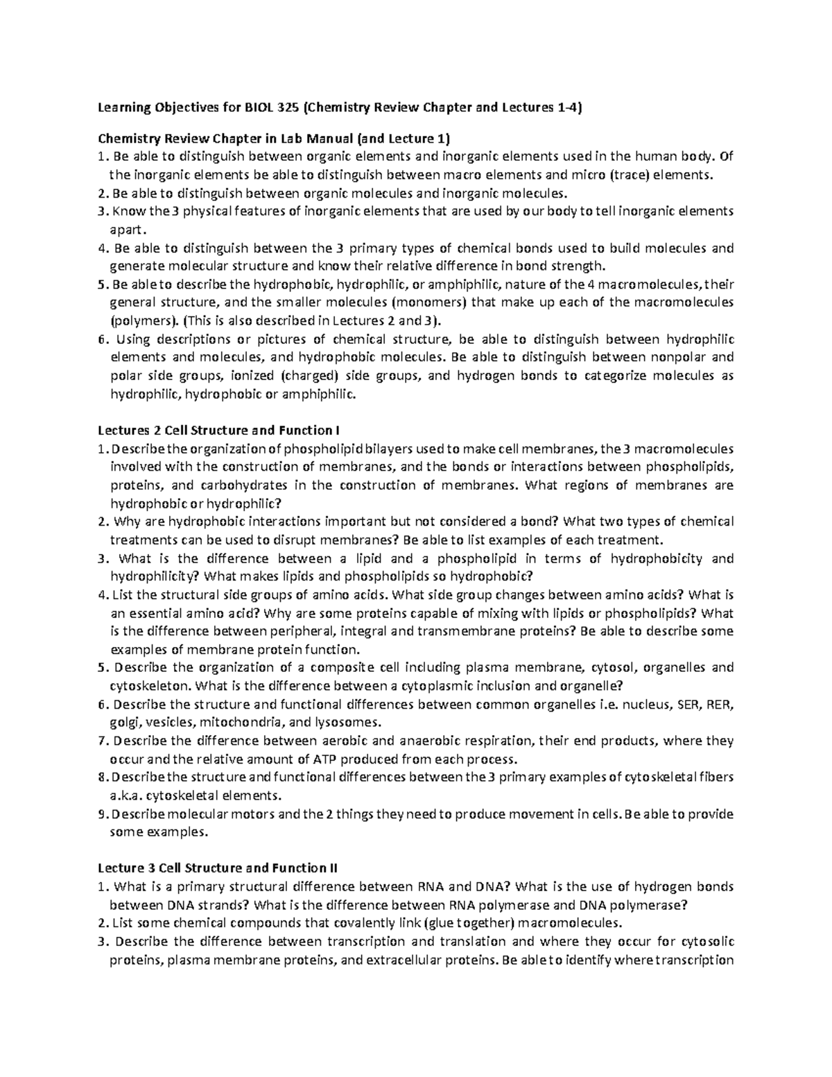 Learning Objectives for BIOL 325: Chemistry Review & Cell Structure ...