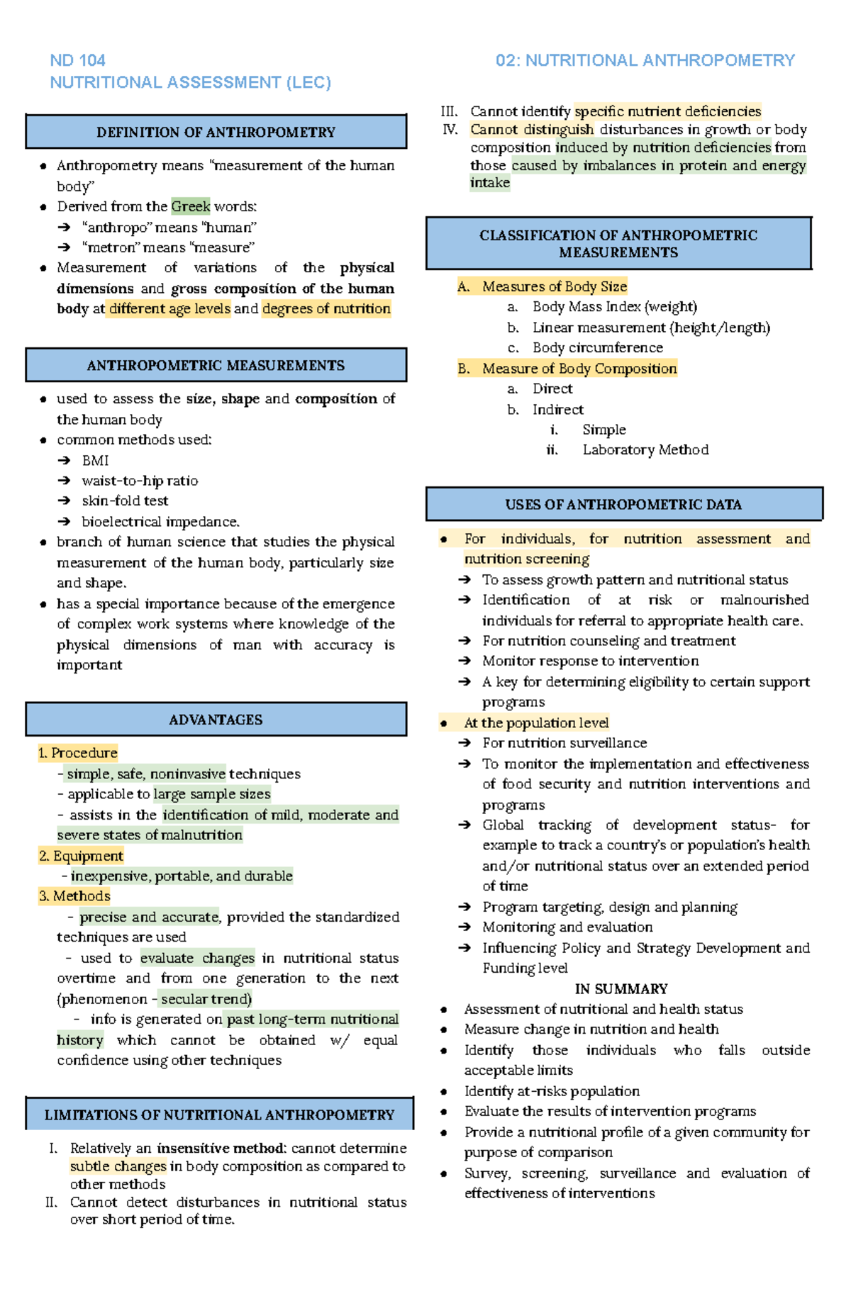NSA - Anthropometric Assessment - NUTRITIONAL ASSESSMENT (LEC ...