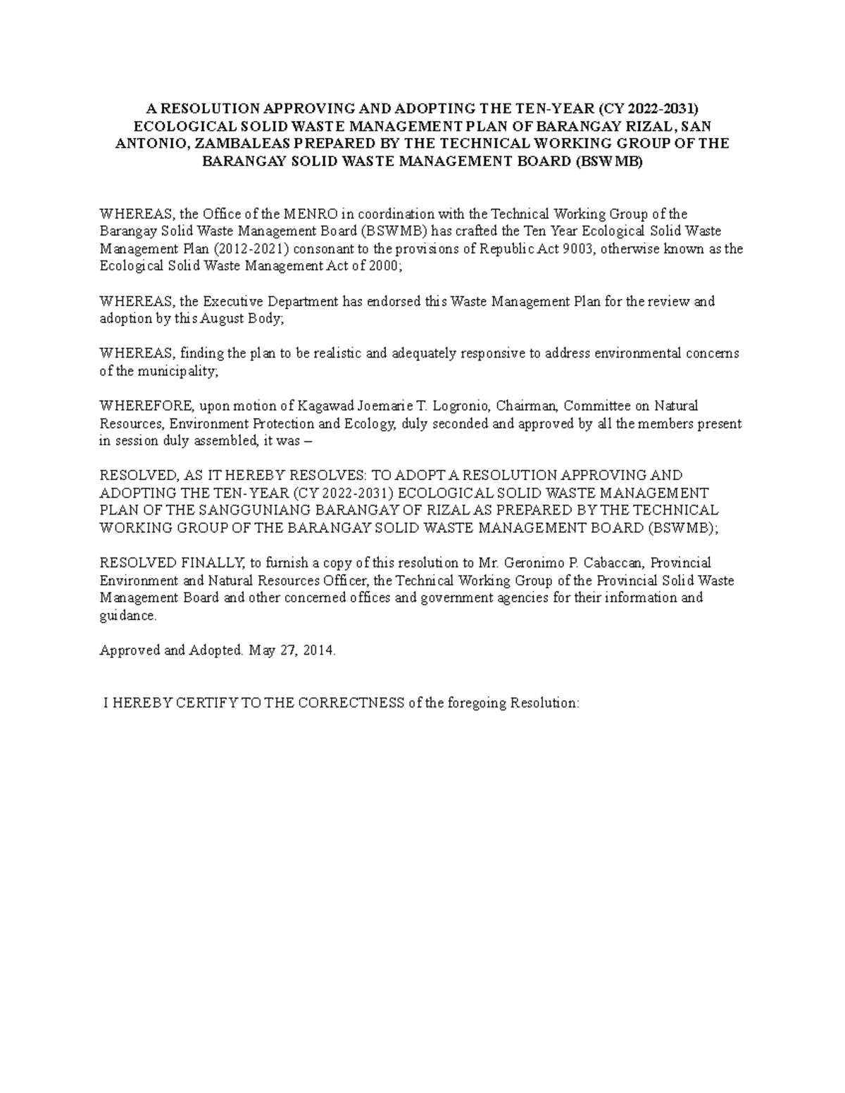 Resolution Approving the 10-Year Ecological Solid Waste Mgmt Plan - Studocu