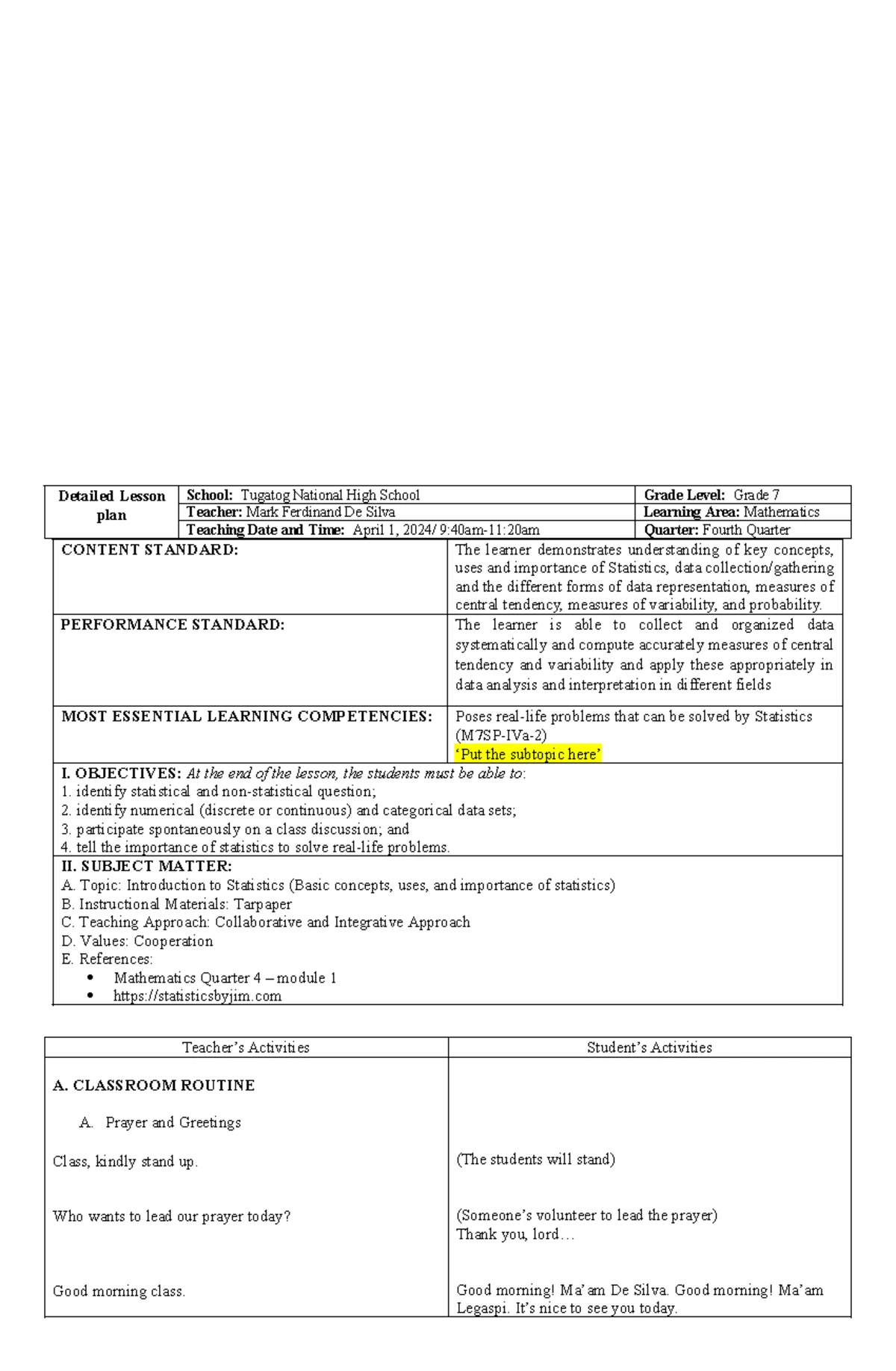 Detailed Lesson Plan on Statistics for Grade 7 (M7SP-IVa-2) - Studocu