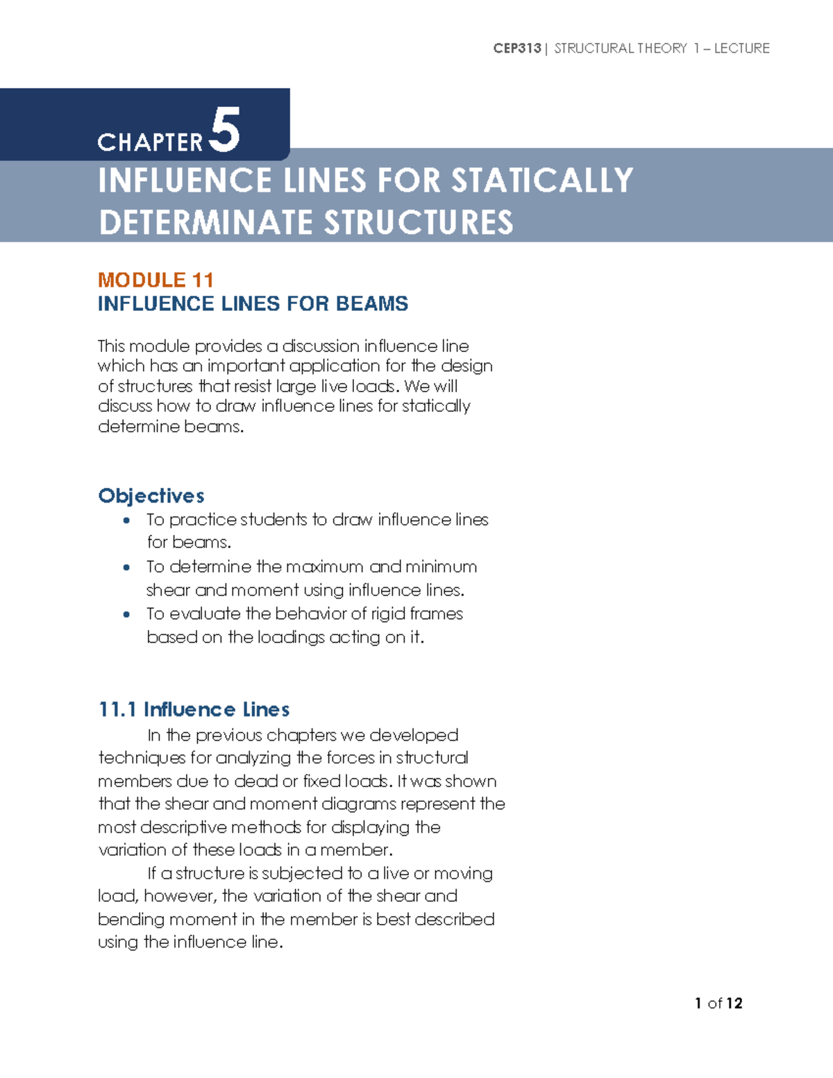 CEP313 Structural Theory 1 - Influence Lines for Beams (Module 11 ...