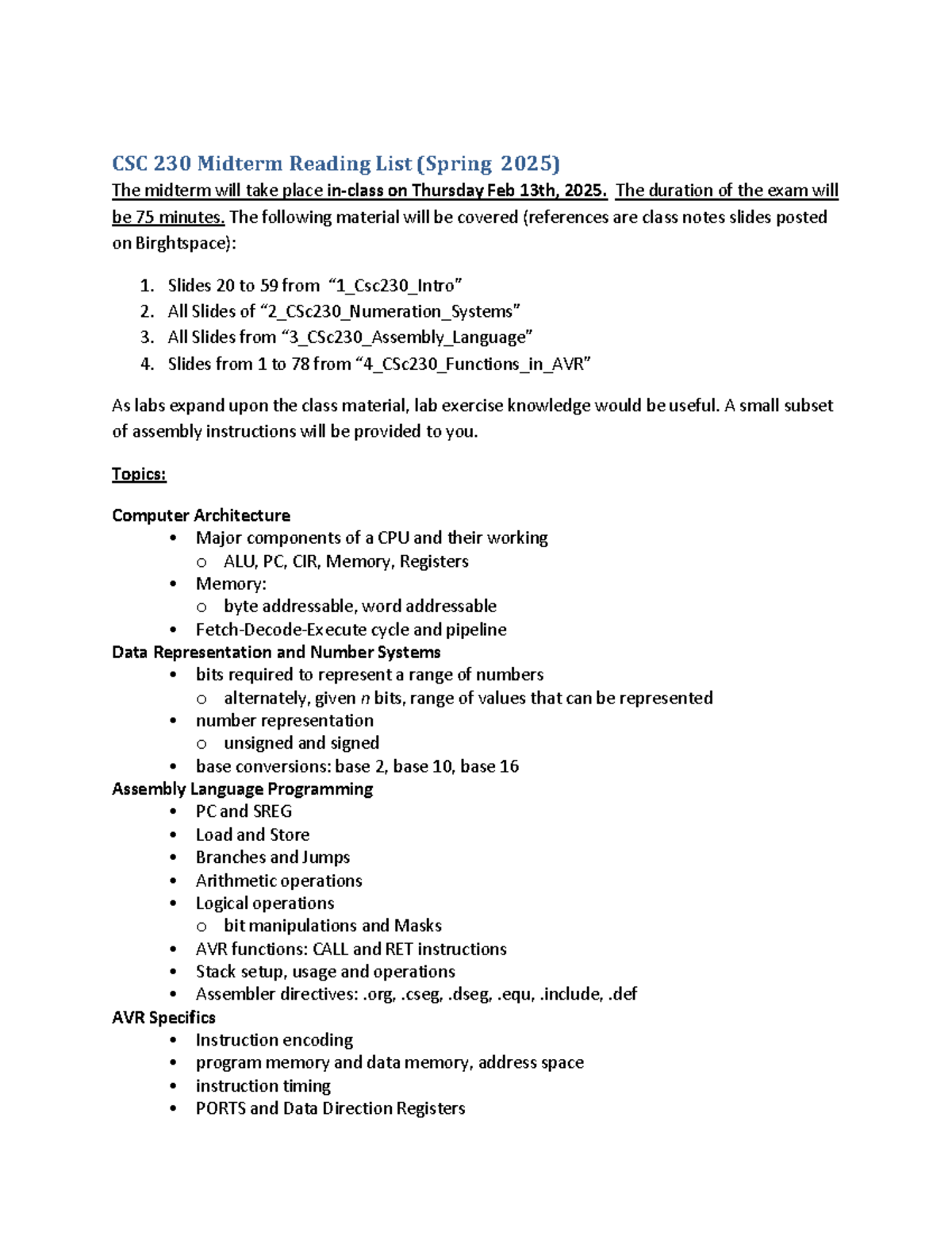 CSC 230 Midterm Exam Reading List - Spring 2025 Materials - Studocu