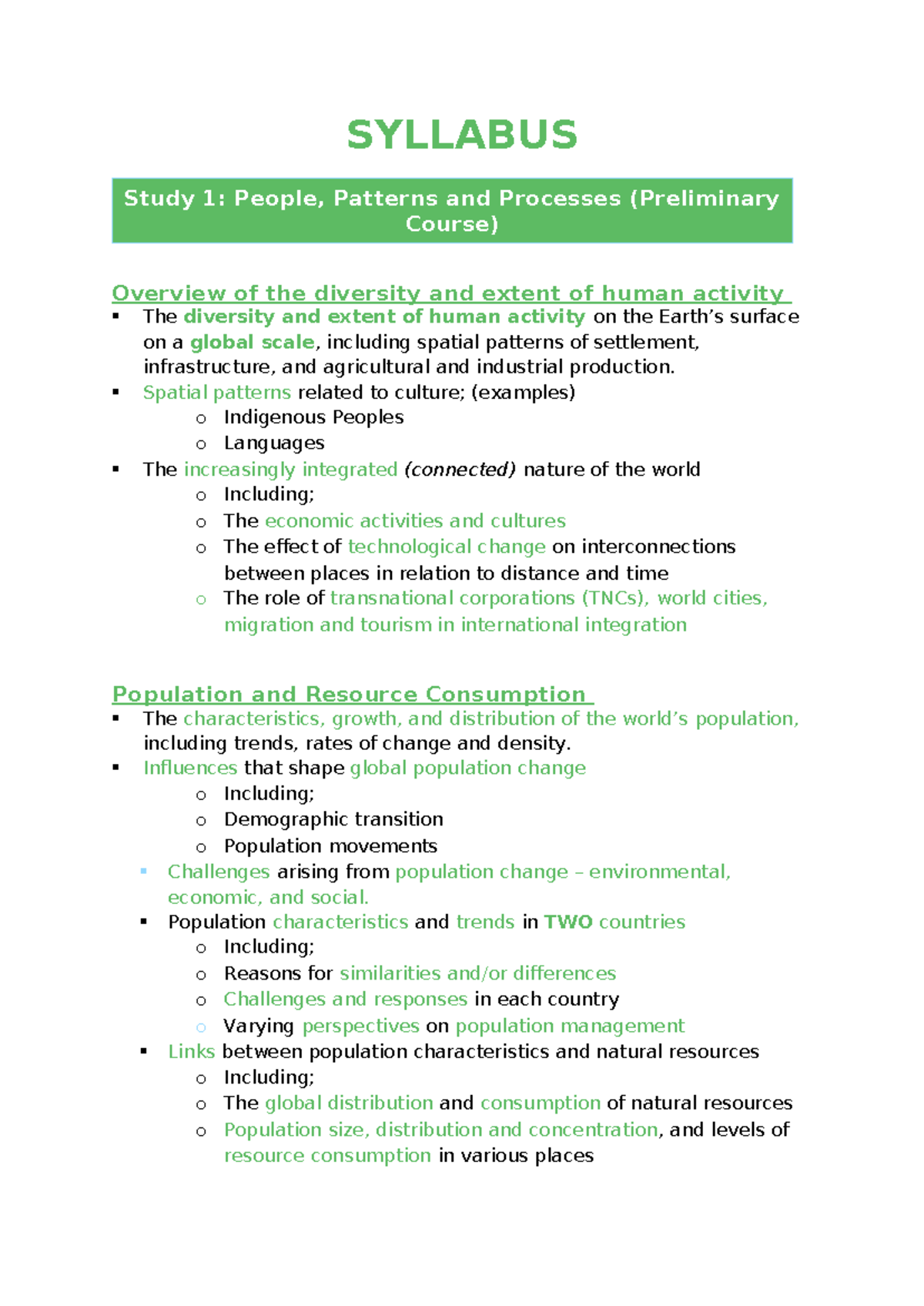 SYLLABUS Study 1 & 3: Human Activity and Cultural Change Overview - Studocu