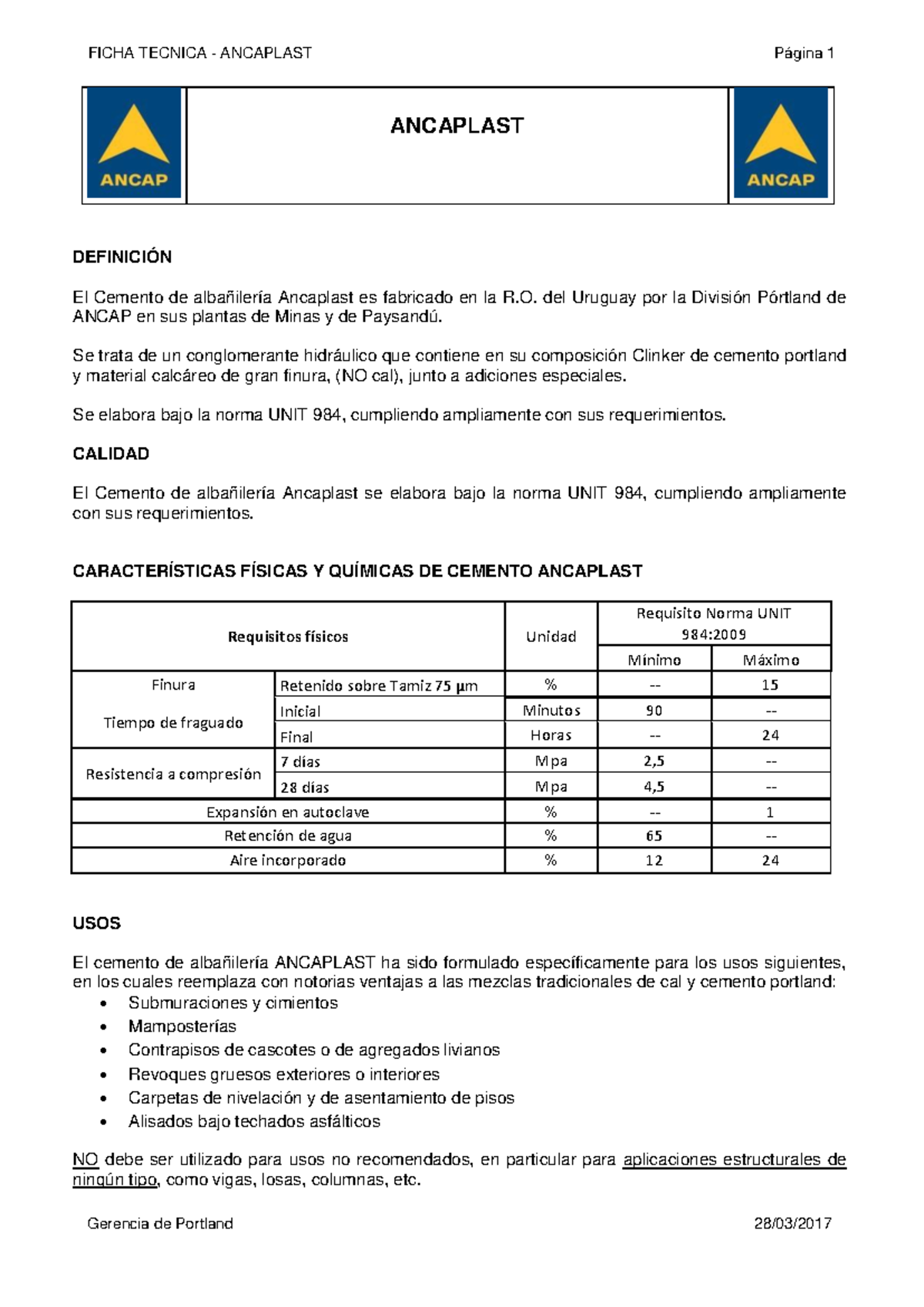 Ficha Técnica ANCAPLAST: Cemento de Albañilería en Uruguay - Studocu