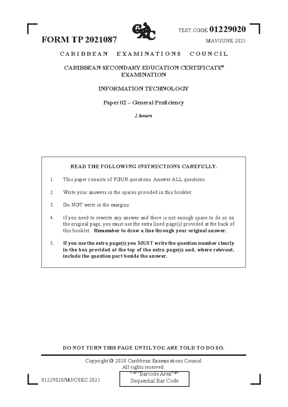 CSEC IT Paper 02 Exam 2021 - General Proficiency - Studocu