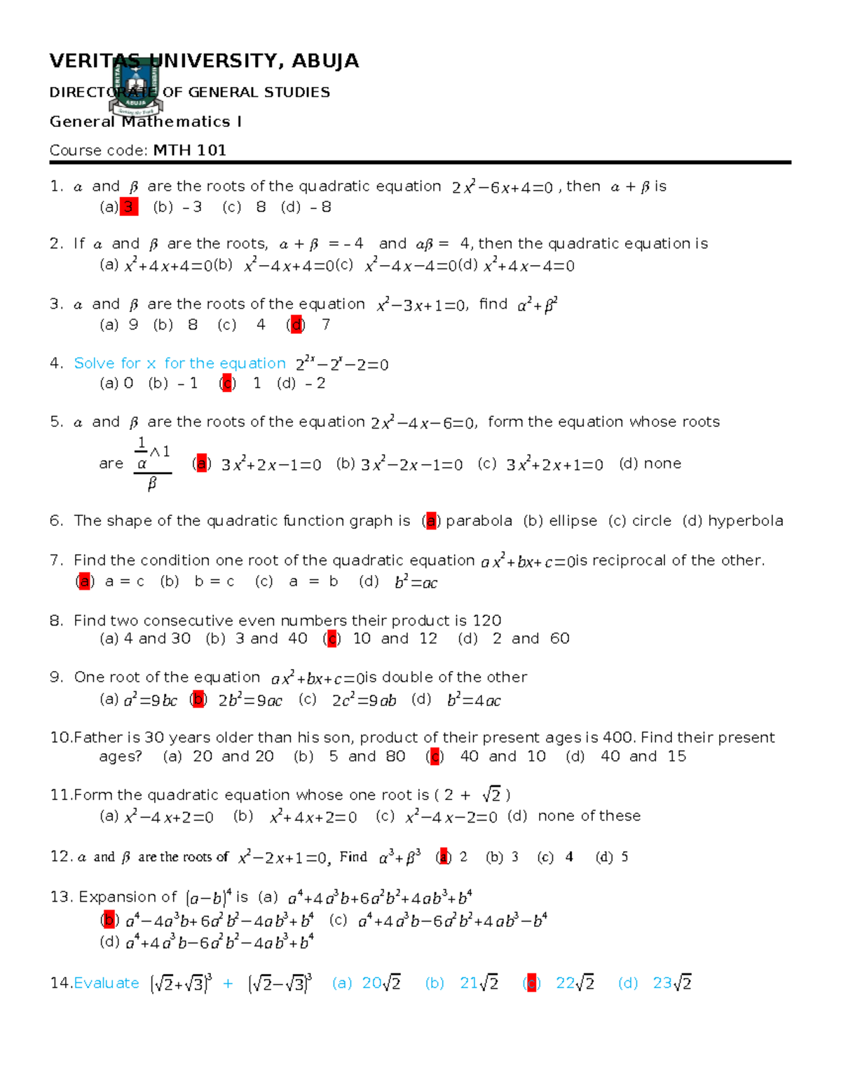 MTH 101 - Comprehensive Guide for General Mathematics I - Studocu