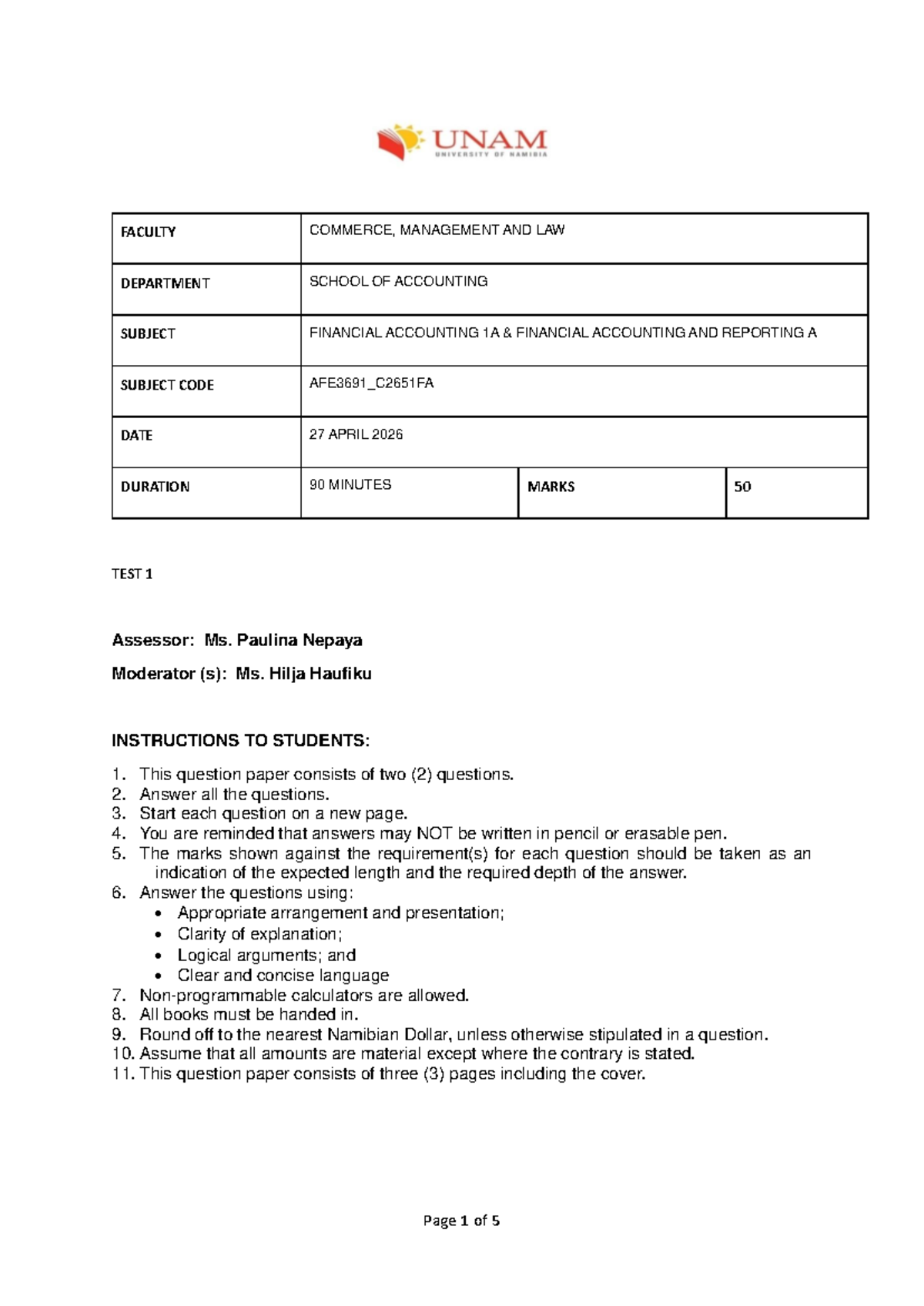 AFE3691_C2651FA Financial Accounting 1A Test 1 - 27 April 2026 - Studocu