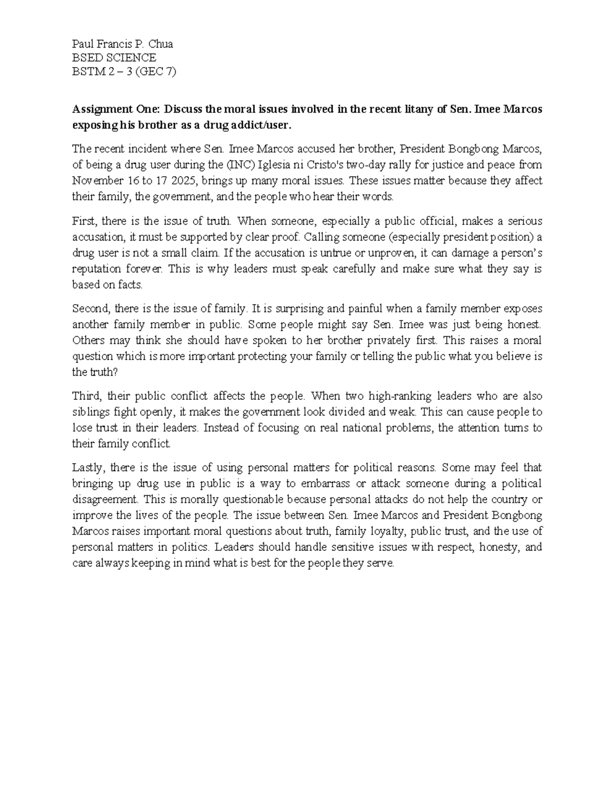 BSED SCIENCE BSTM 2 3 (GEC 7) Assignment: Moral Issues in Marcos Family ...