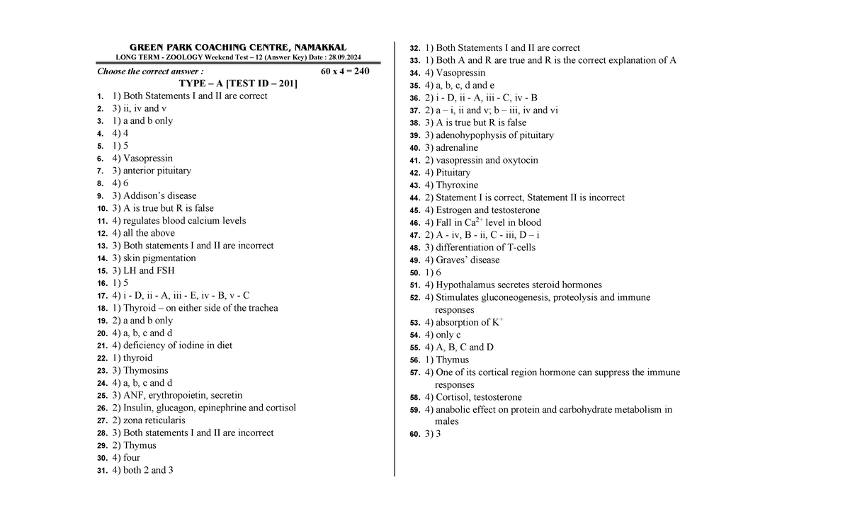 LT25 ZOOLOGY Weekend Test 12 - Answer Key - Studocu