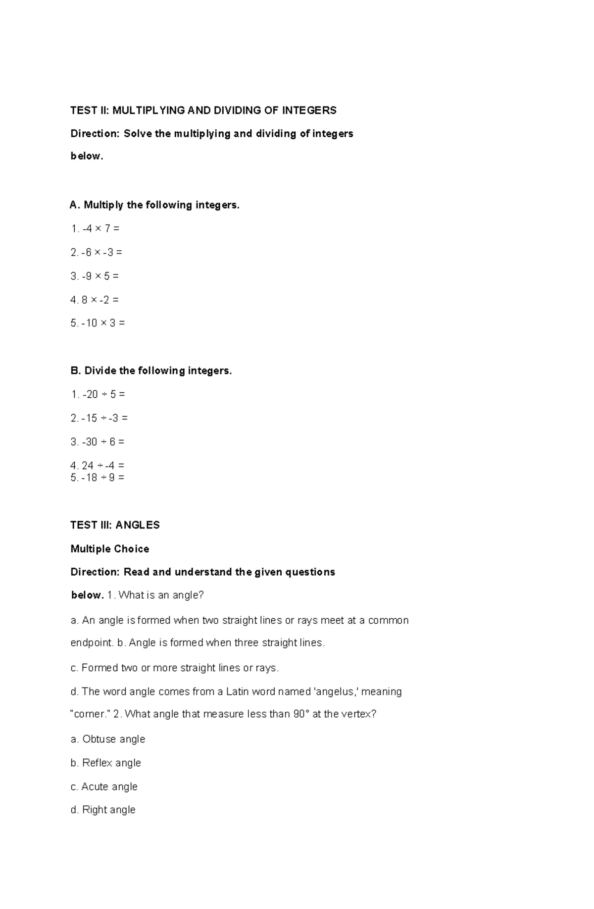 TEST I & II: Adding, Subtracting, Multiplying, and Dividing Integers ...