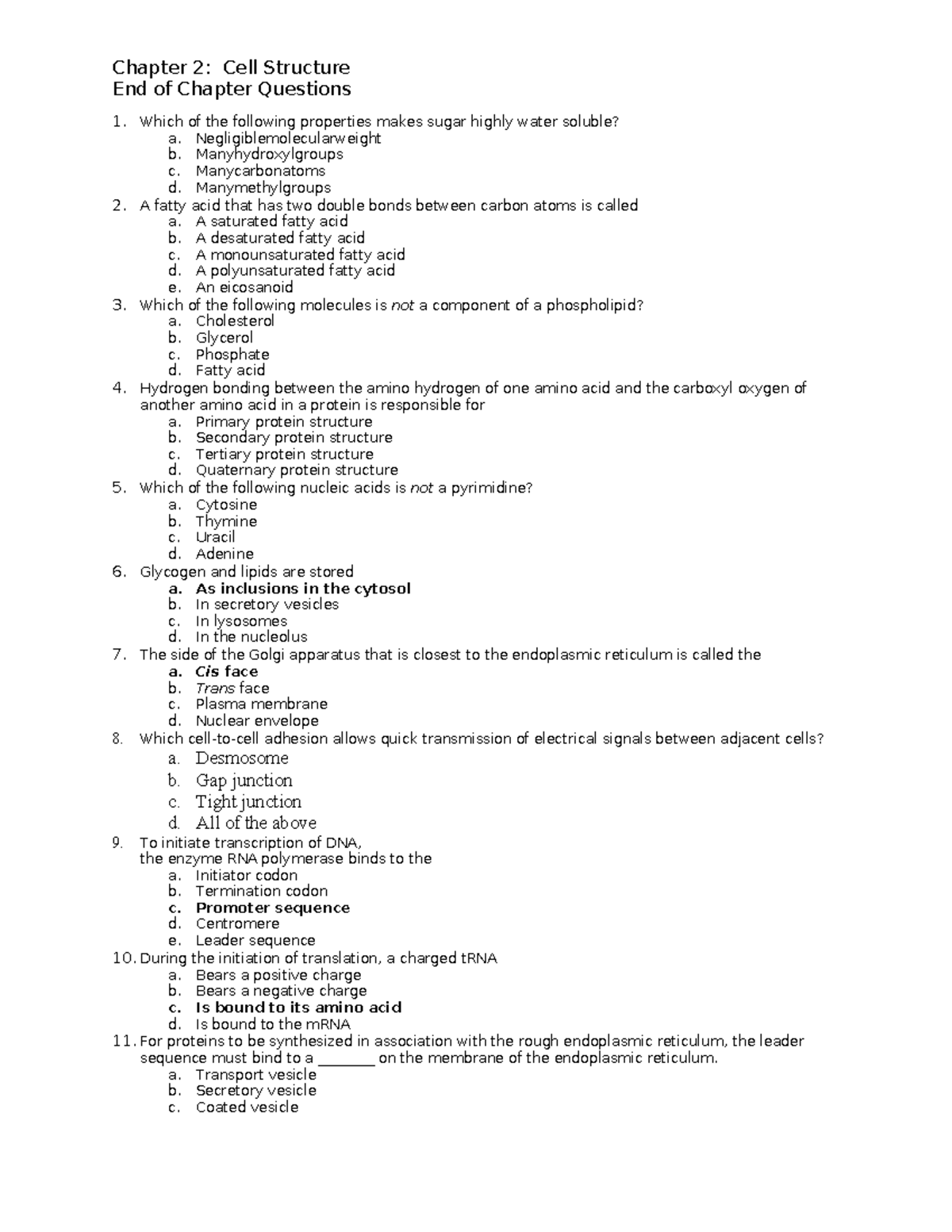 BIO 217 - Chapter 2 - Practice Questions - Chapter 2: Cell Structure ...