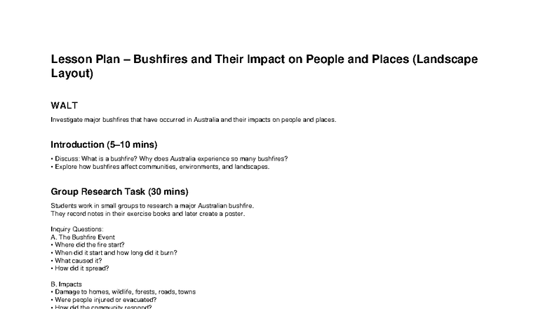 Lesson Plan: Bushfires & Their Impact on Communities (Landscape) - Studocu