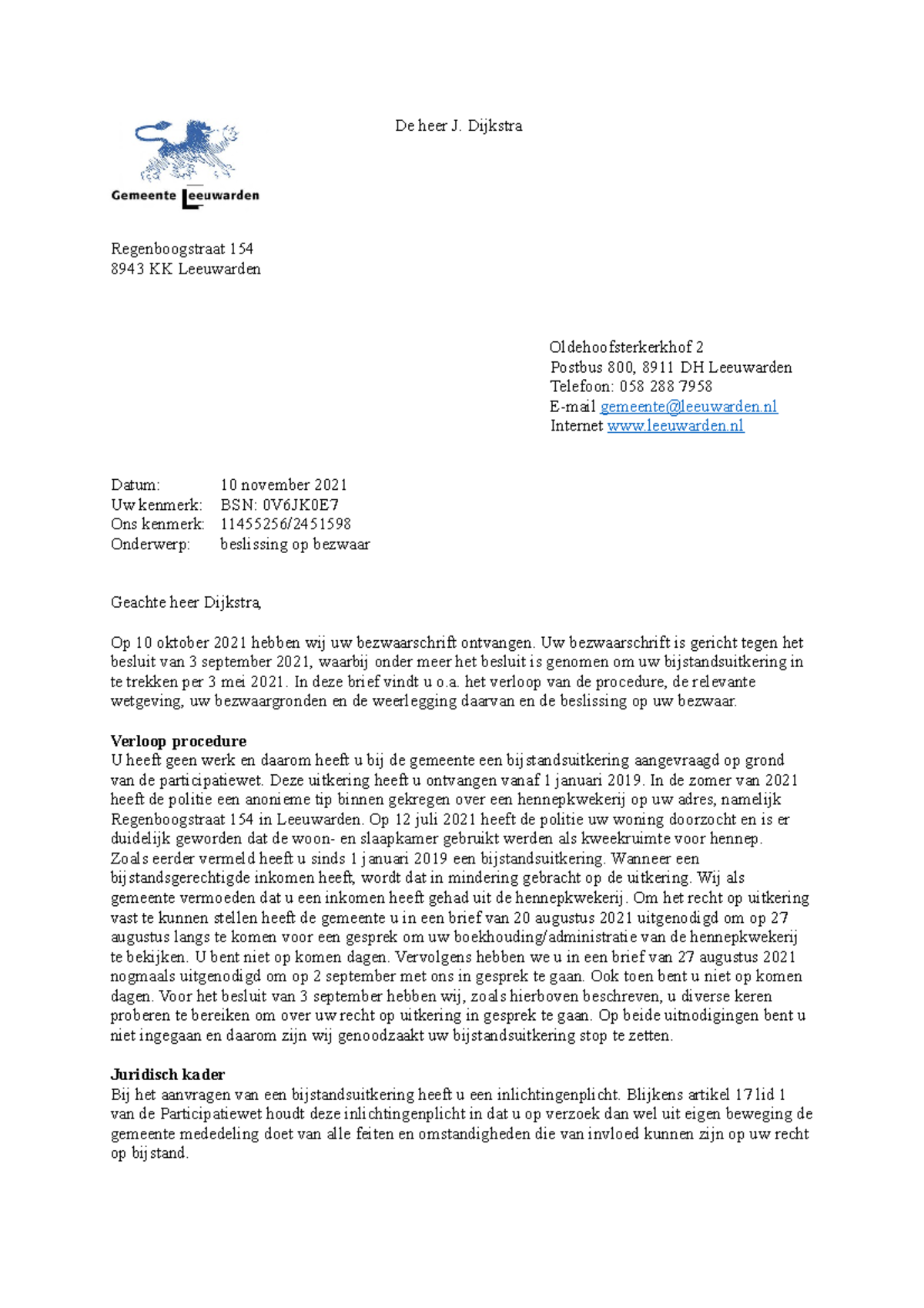 Beslissing op Bezwaar en Voorbeeldbrief voor Gemeente Leeuwarden ...