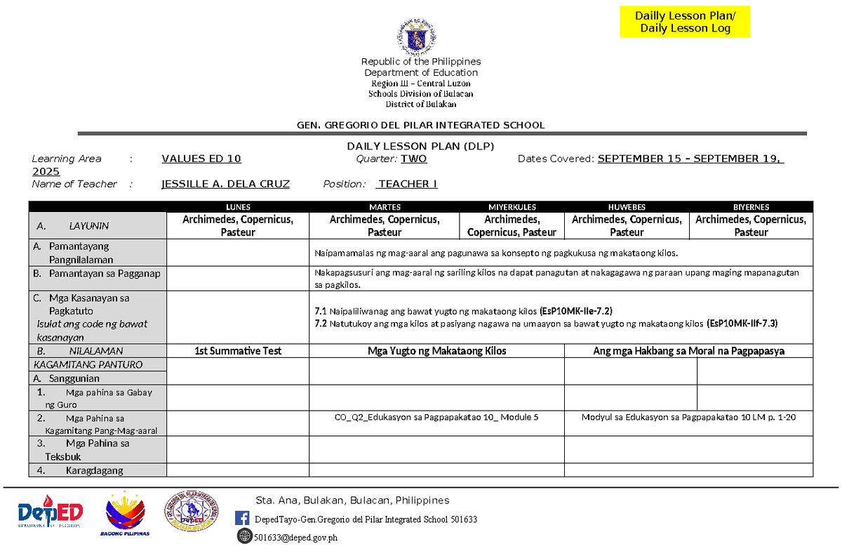Daily Lesson Plan (DLP) for Values Ed 10 - Quarter 2 - Studocu