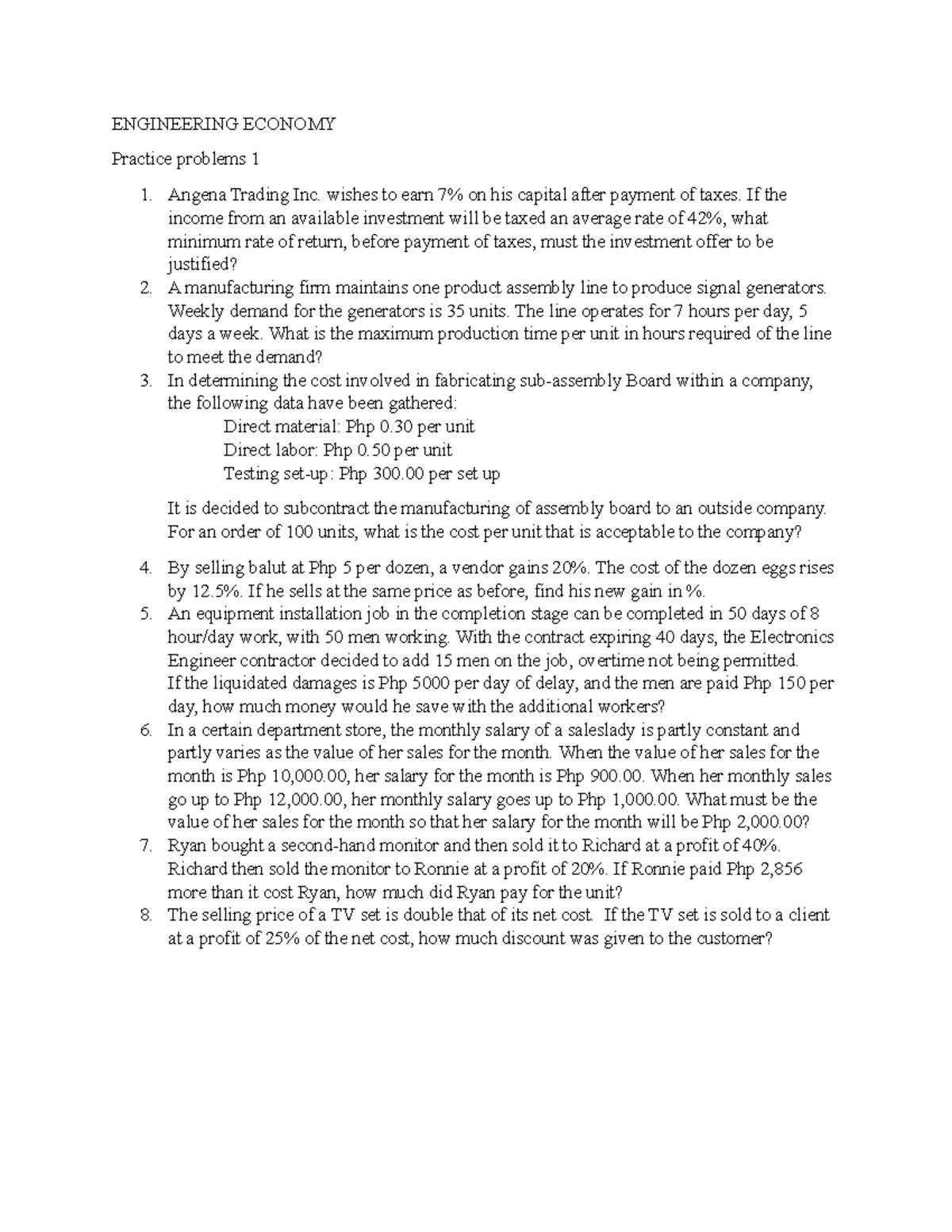 Practice Problems 1 - ENGR 101: Engineering Economy Concepts - Studocu