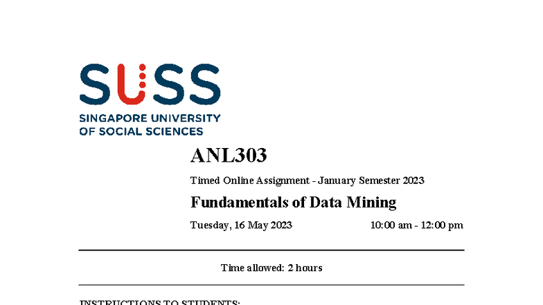 ANL303 January 2023 TOA: Data Mining Fundamentals Assignment - Studocu