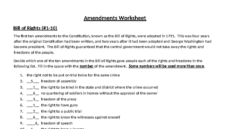 Amendments Worksheet: Understanding the Bill of Rights - Studocu