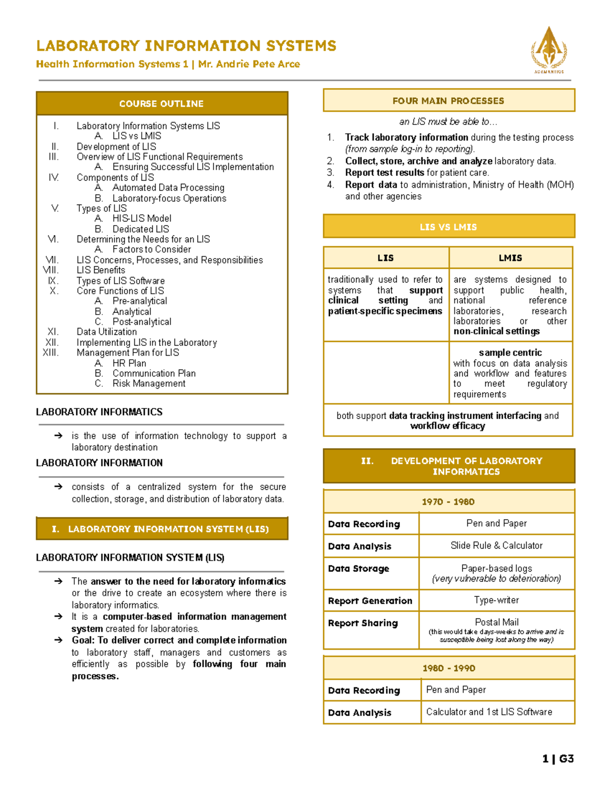 Laboratory Information Systems Overview - HIS 1 Lecture 9 Notes ...