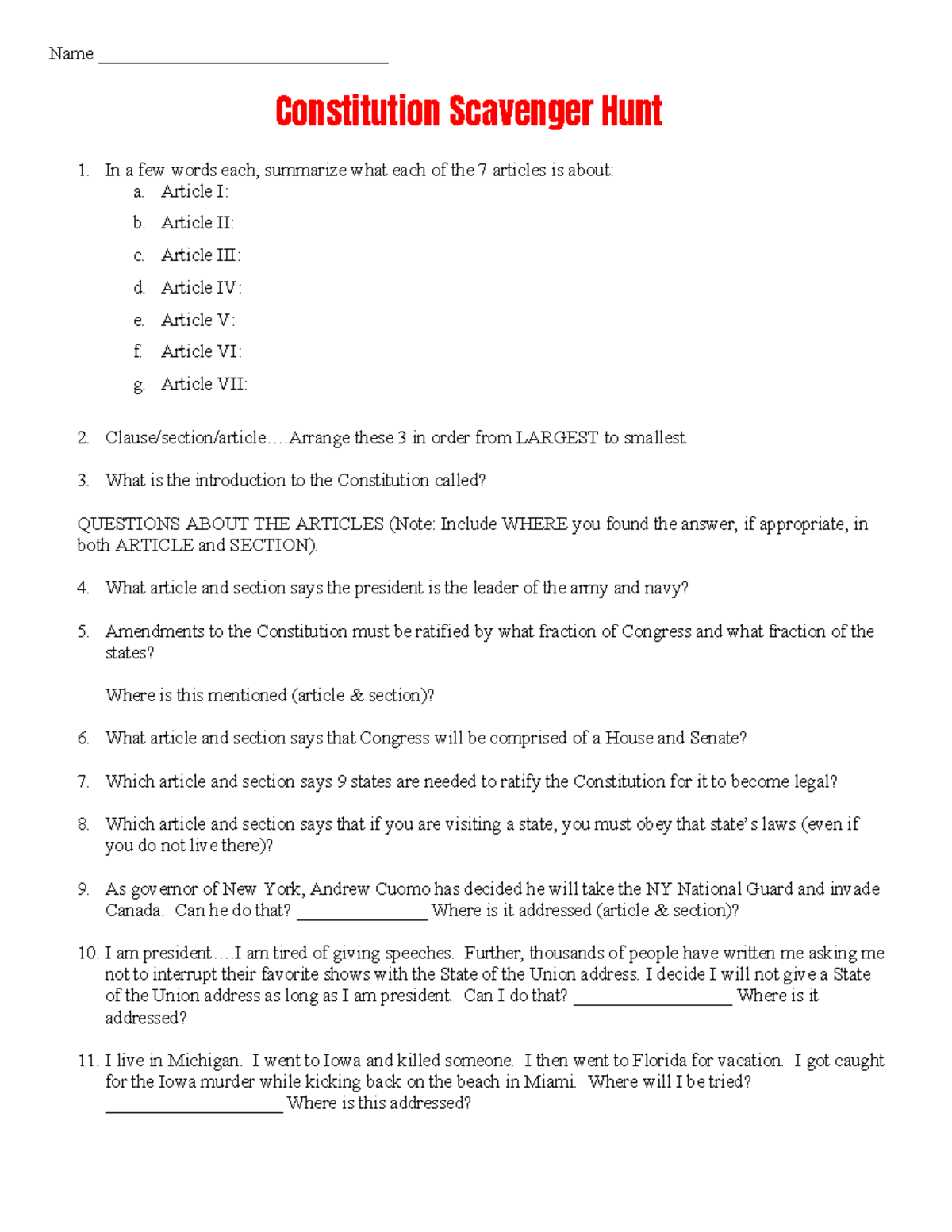 Constitution Scavenger Hunt: Exploring Articles & Amendments Details ...