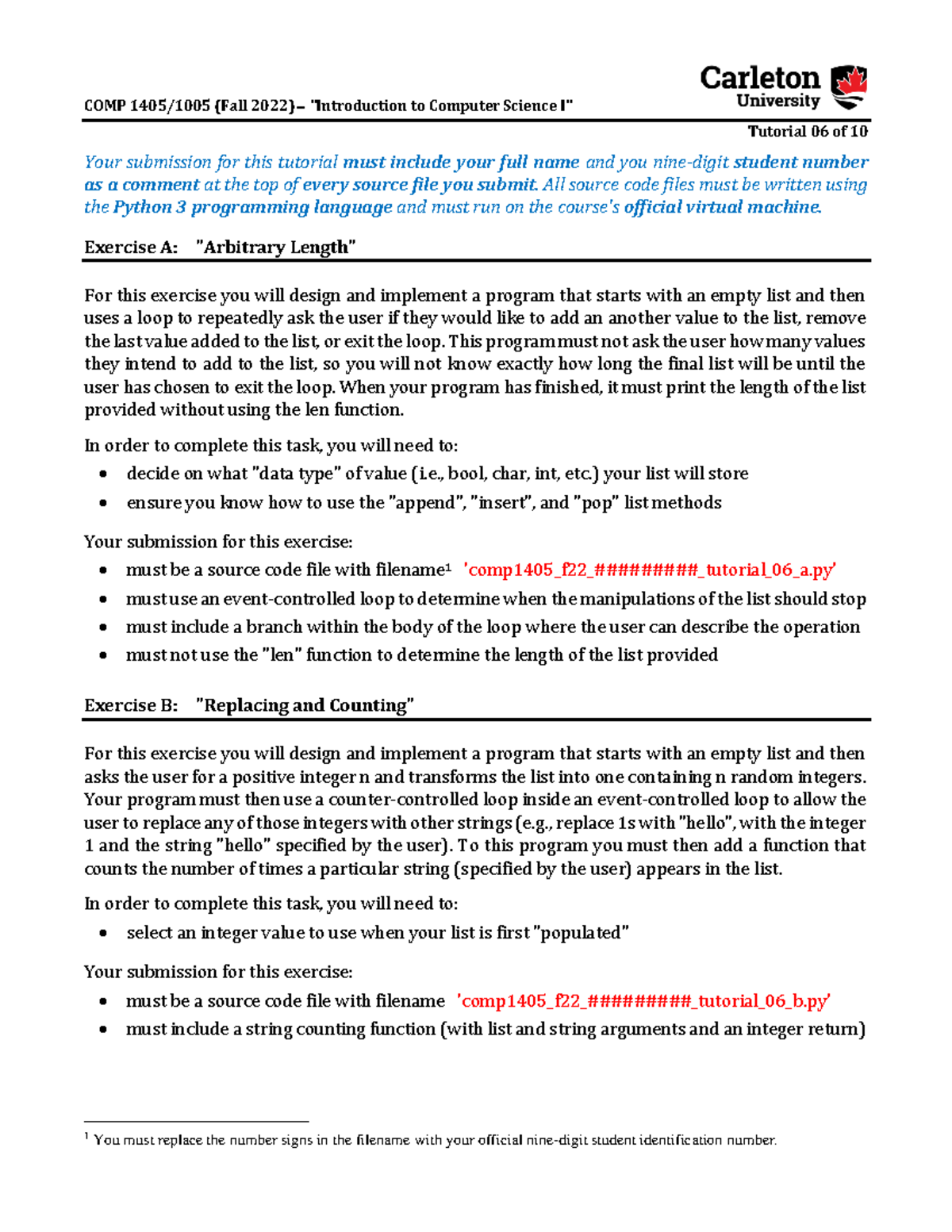 COMP 1405 - Tutorial 06 of 10 - Specification - COMP 1405/1005 (Fall 2022) − "Introduction to ...