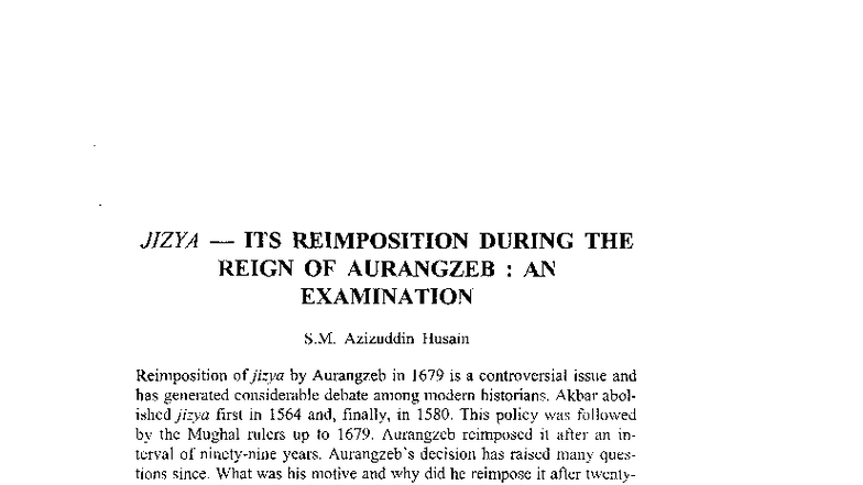 Reimposition of Jizya in 1679: An Analysis during Aurangzeb's Rule ...