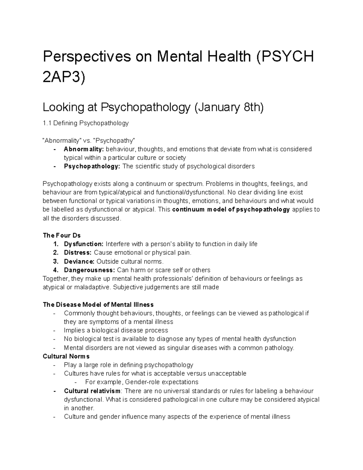 Perspectives on Psychopathology: Lecture Notes (PSYCH 2AP3) - Studocu