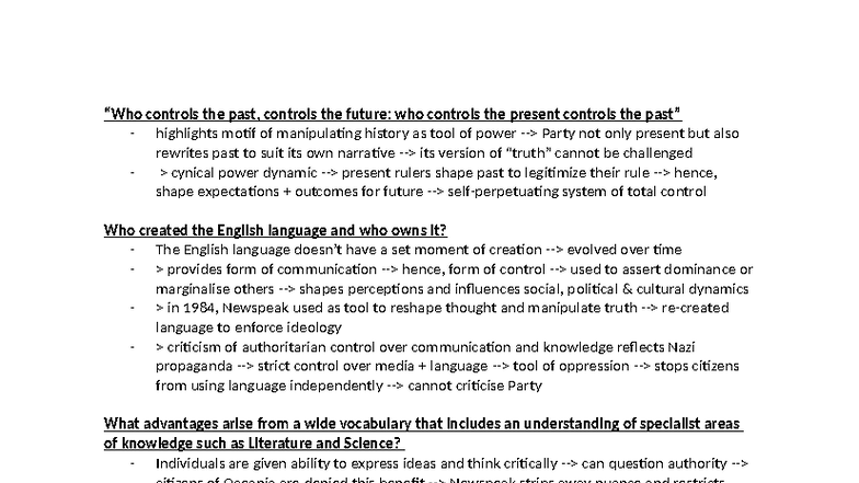 ENG 1984 - Newspeak: Language as a Tool of Control and Power - Studocu