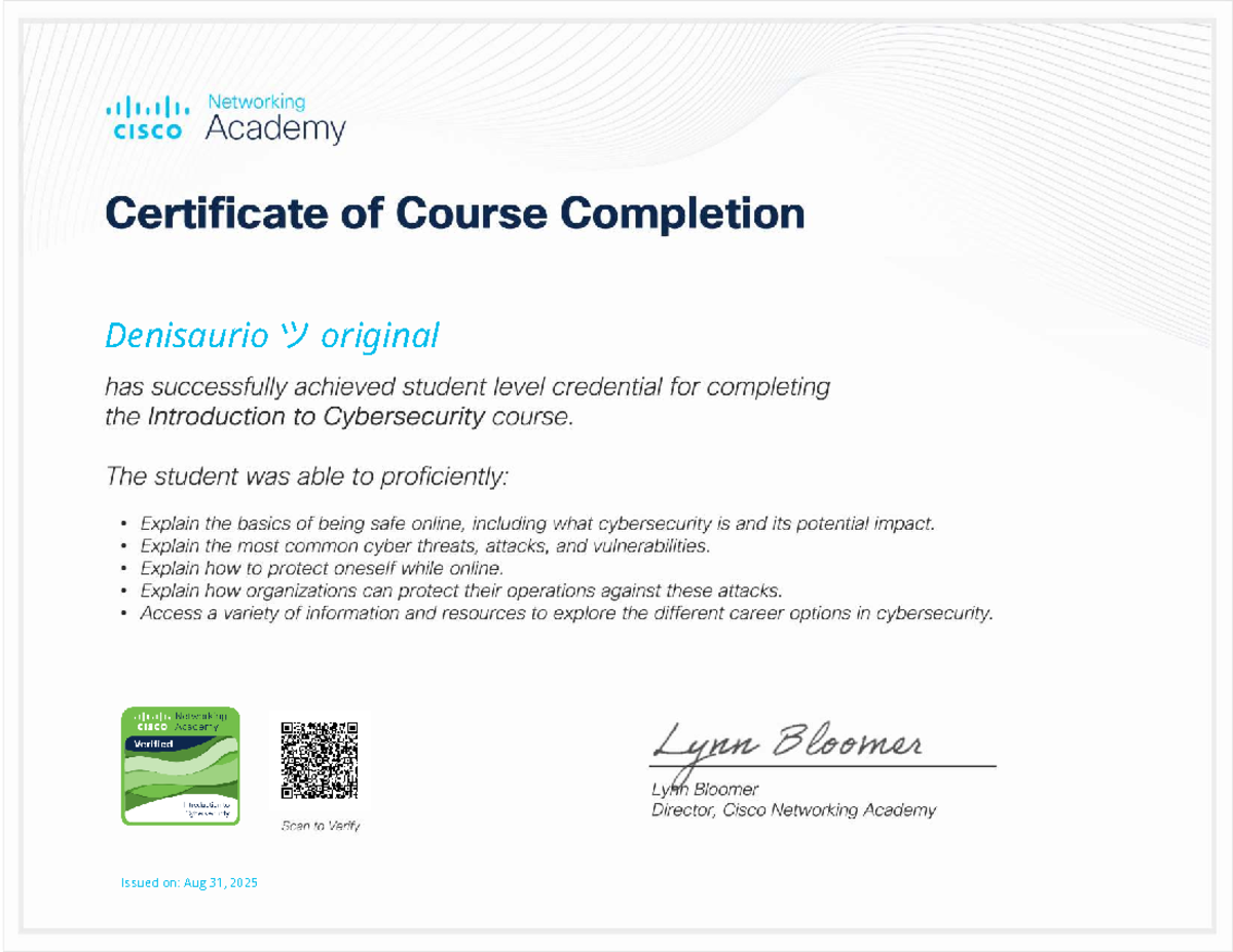 CISCO Academy Certificate: Intro to Cybersecurity Completion - Studocu