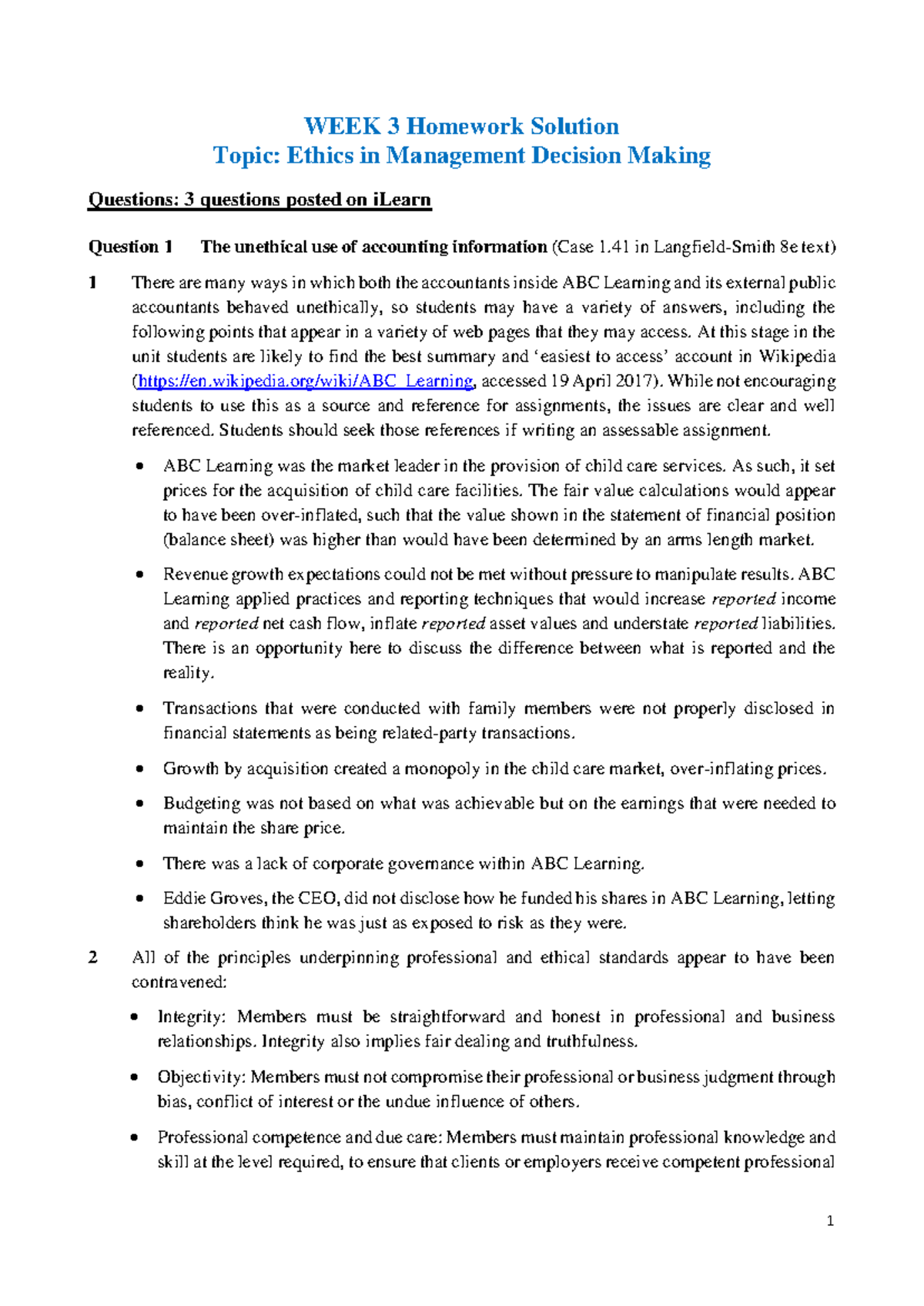 ACCG3001 Homework Solution - WEEK 3 Homework Solution Topic: Ethics in ...