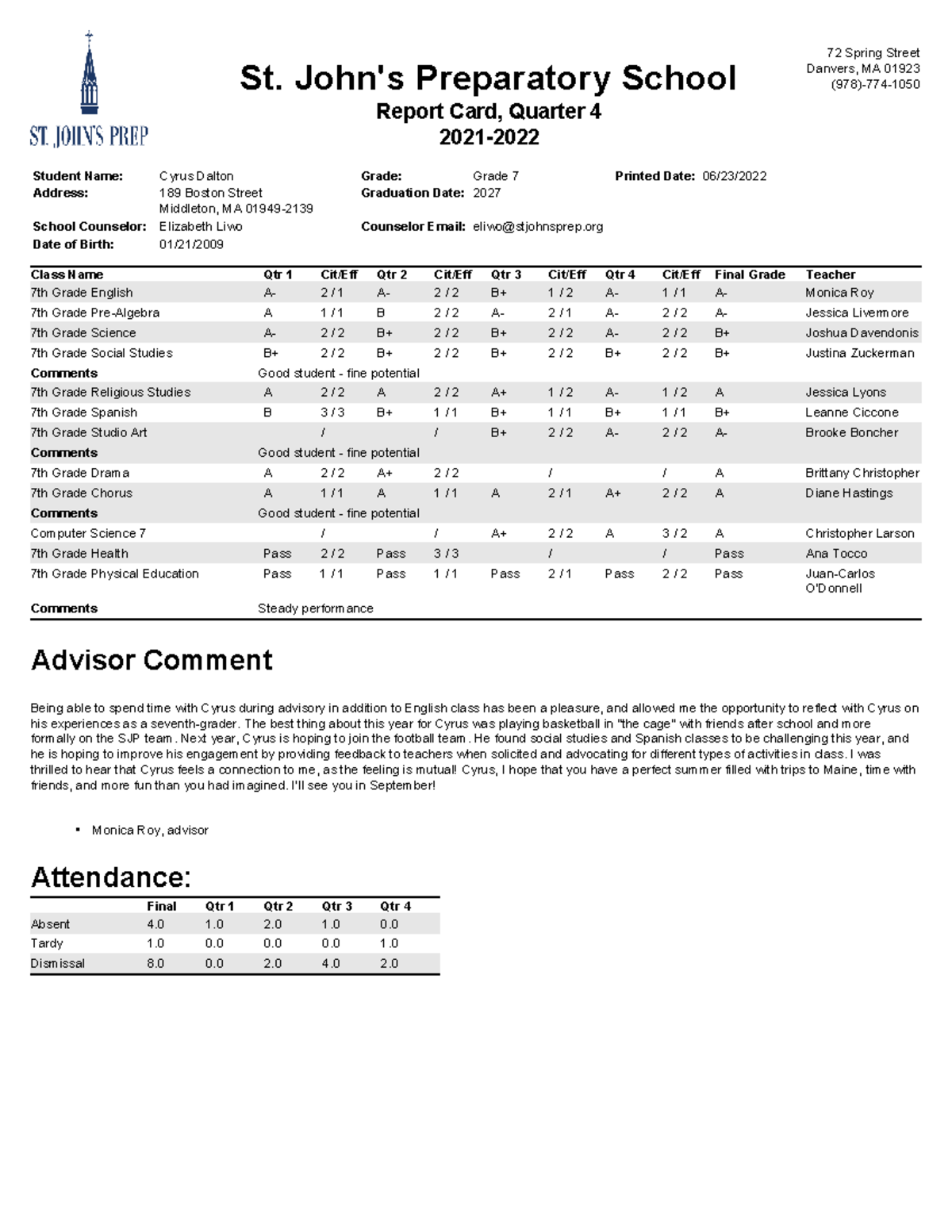 21-22 Report Card: 7th Grade Student Performance Summary - Studocu