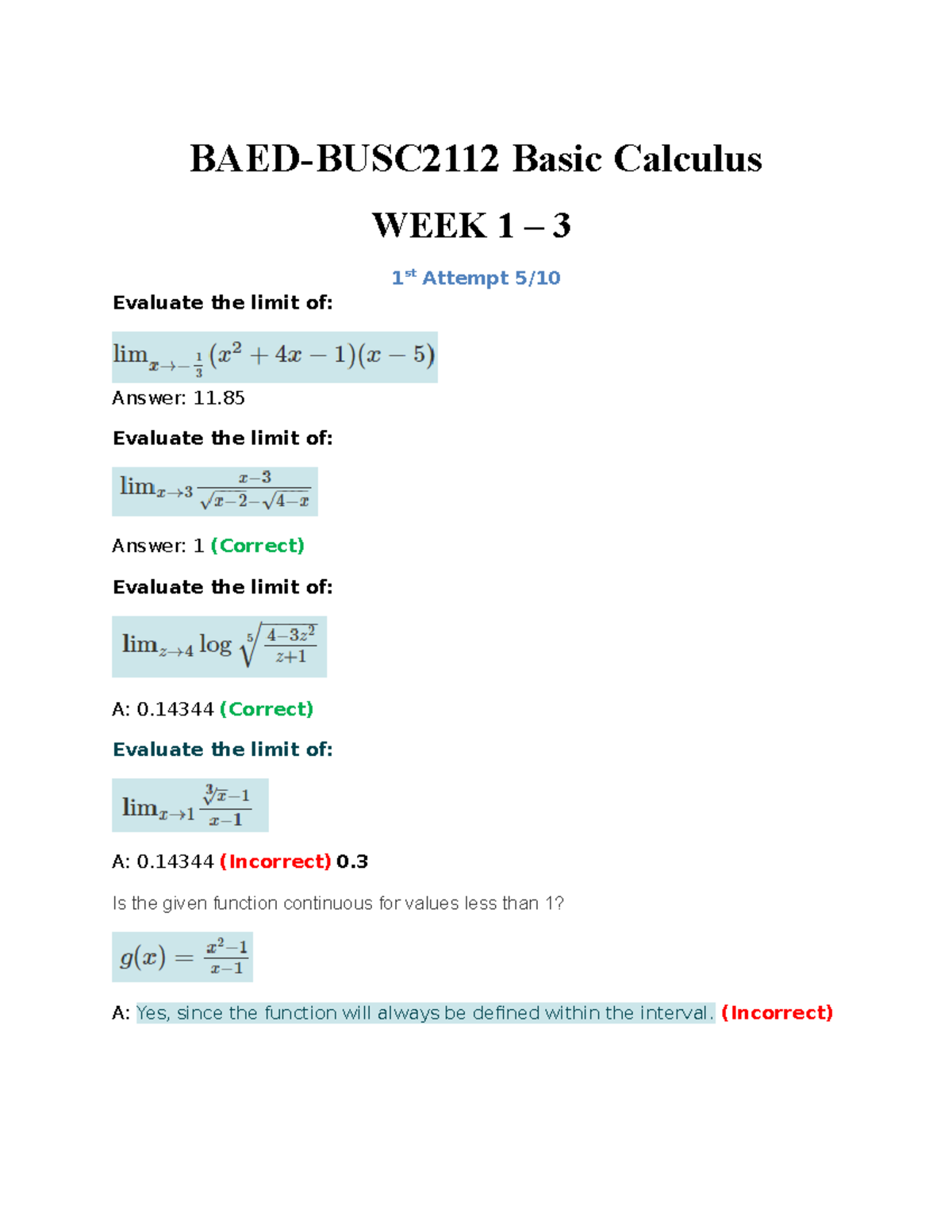 BAED-BUSC2112 Basic Calculus Limit Evaluations & Continuity Analysis ...