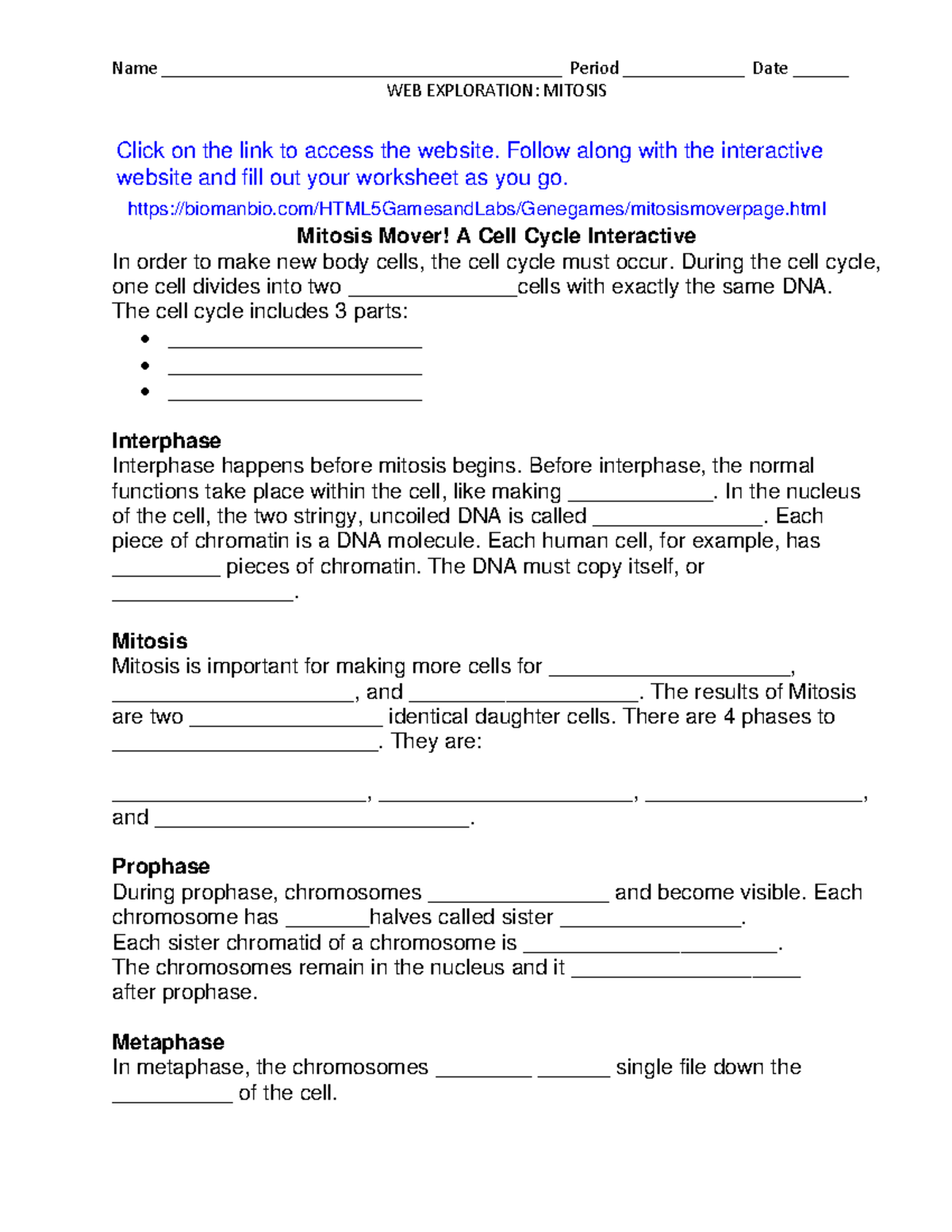 Mitosis Mover Interactive Activity SIS98A789AADB01 1 - Name - Studocu