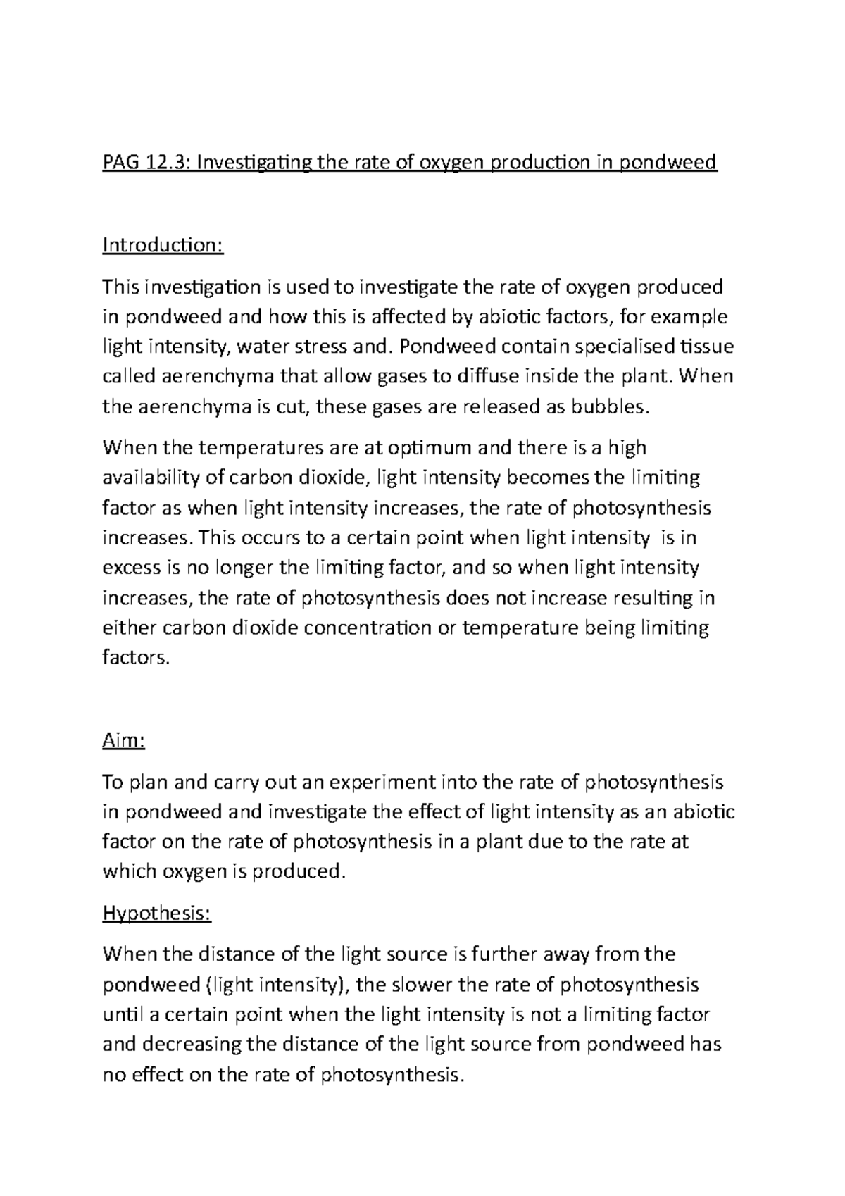 PAG 12 - Investigating Oxygen Production in Pondweed Photosynthesis ...