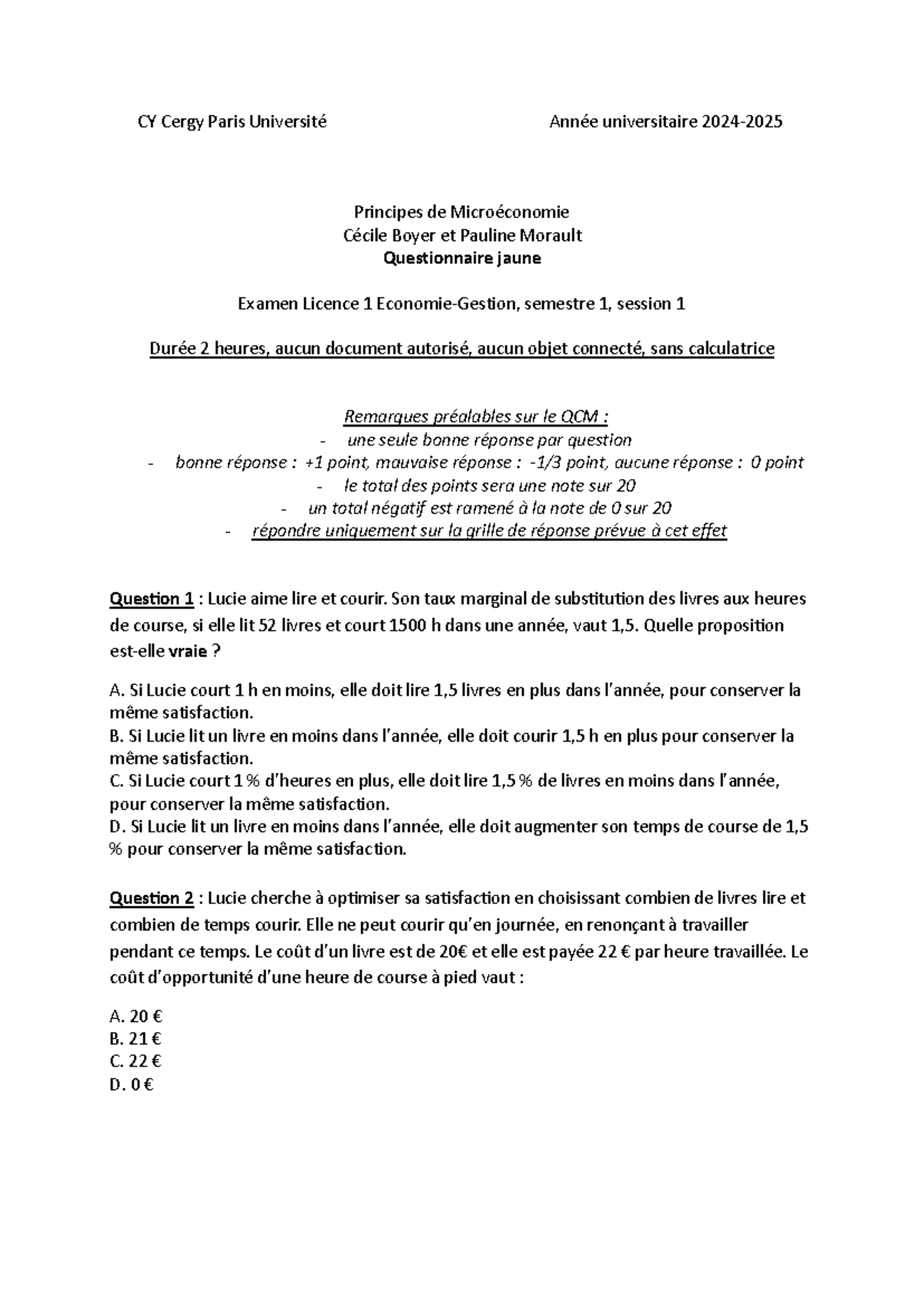 CT 2024 Examen de Microéconomie - Questionnaire Jaune Session 1 - Studocu