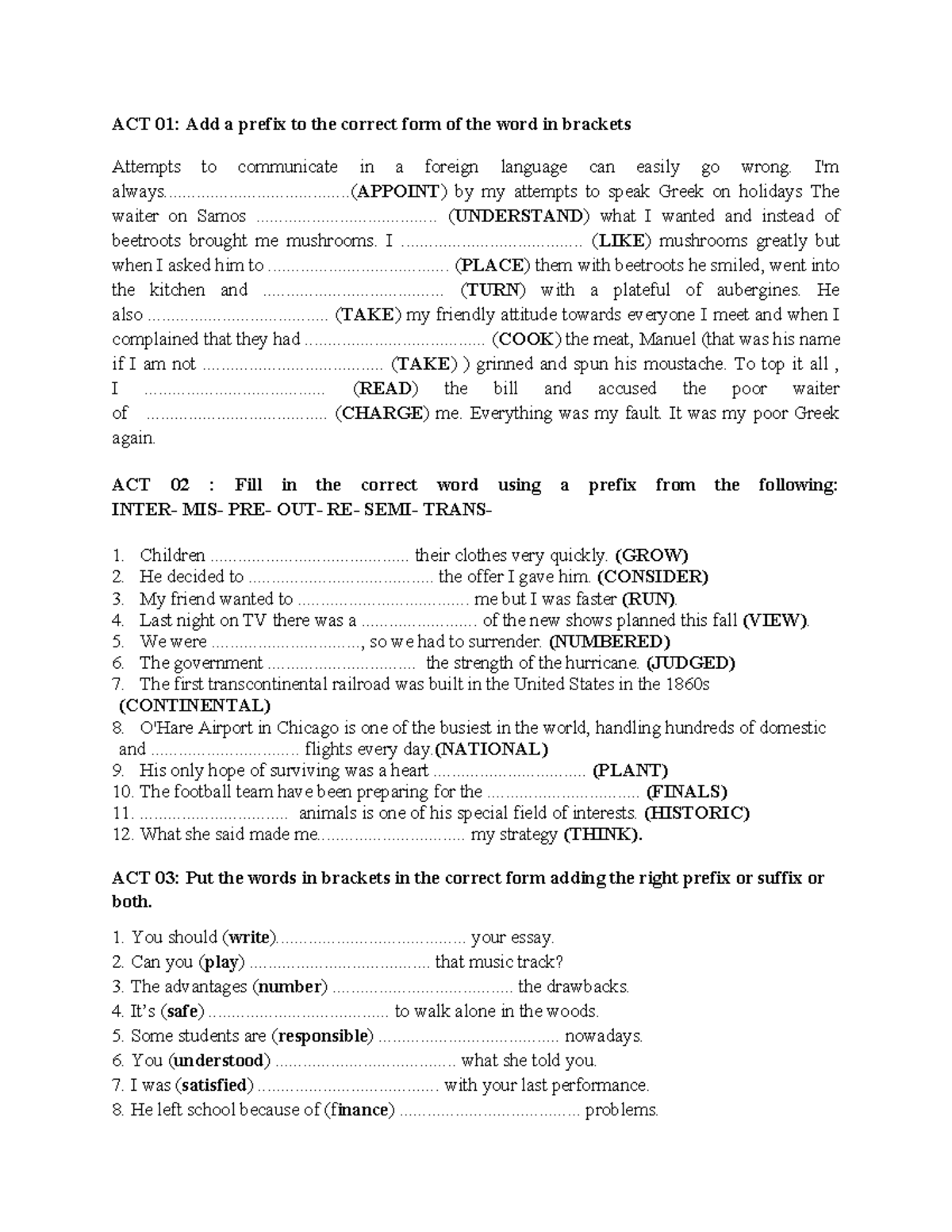 ACT: Prefixes and Suffixes Exercises and Practice - Studocu