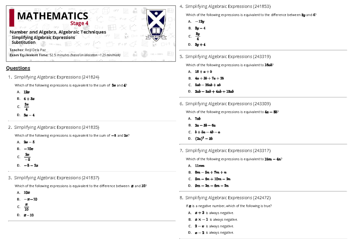Simplifying Algebraic Expressions - Year 8 Mathematics (241853) - Studocu