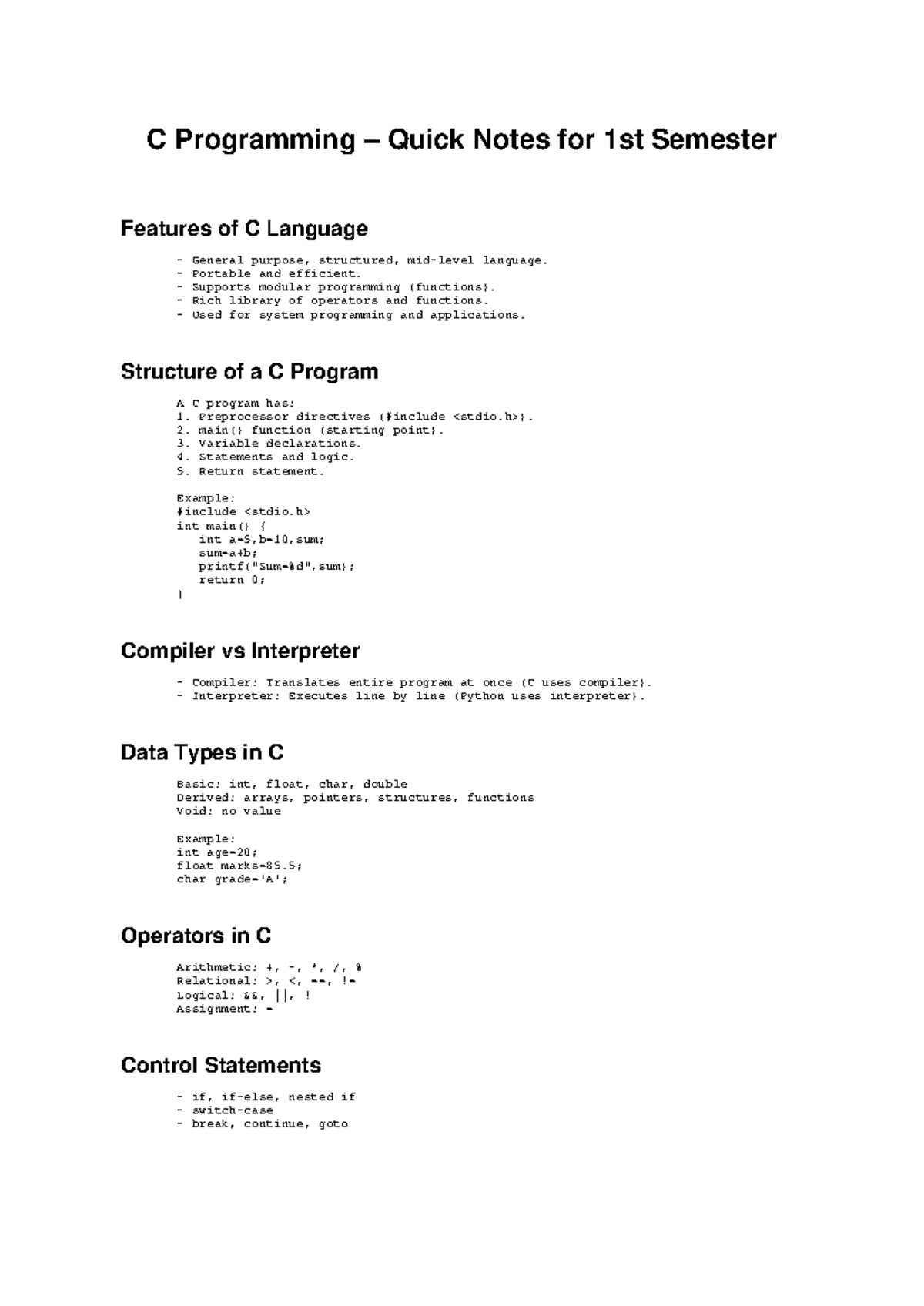 C Programming Quick Notes for 1st Semester - Studocu