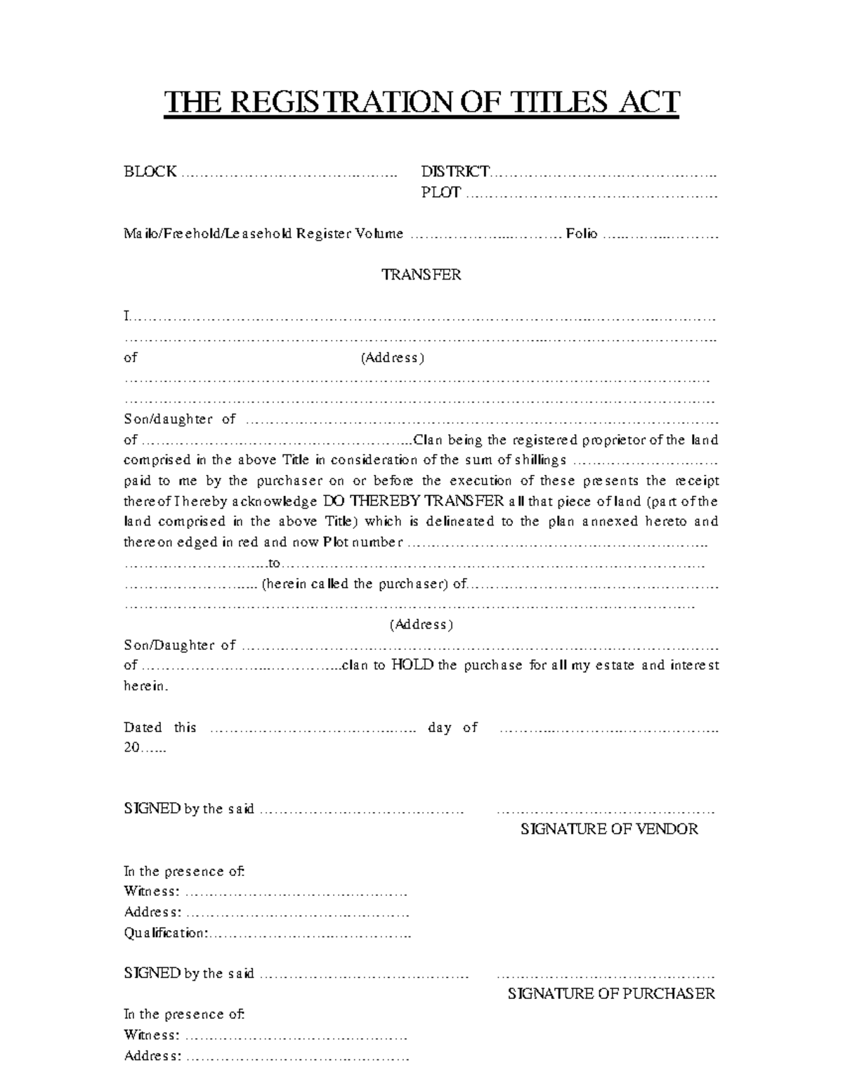 Land Transfer Forms - Notes for Registration of Titles Act - Studocu