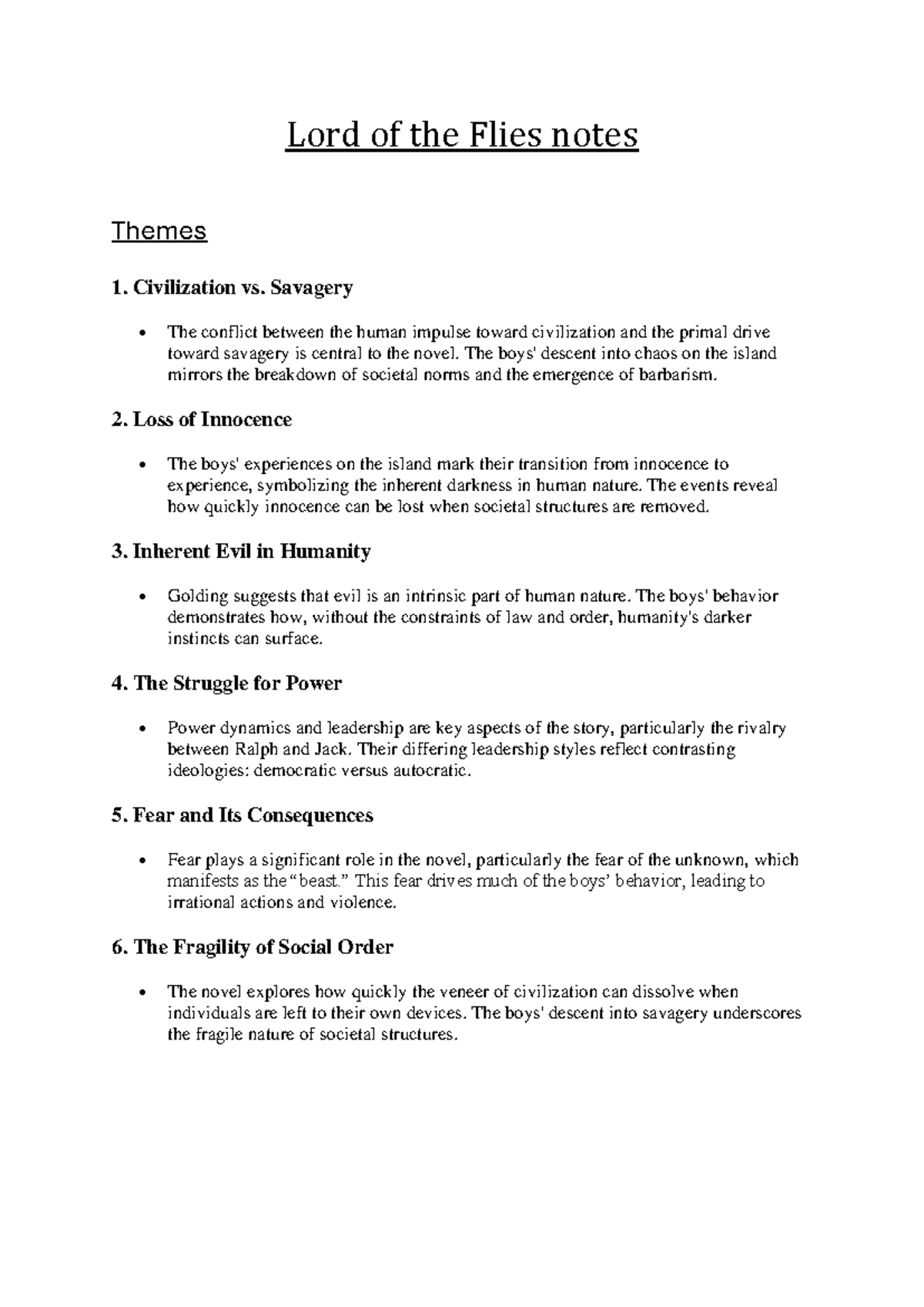 Lord of the Flies (ENG 101) - Thematic and Character Analysis Notes ...