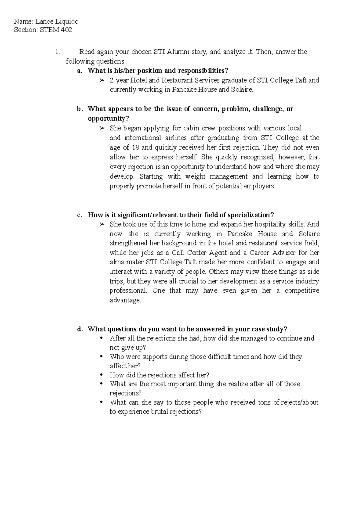 Case Study Analysis: STI Alumni Success Despite Rejections (1LM4, 1LM5 ...