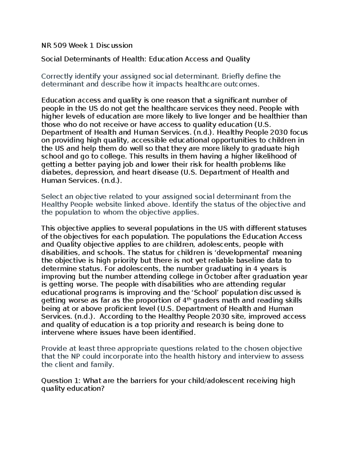 NR 509 Week 1 Discussion: Social Determinants & Education Impact - Studocu