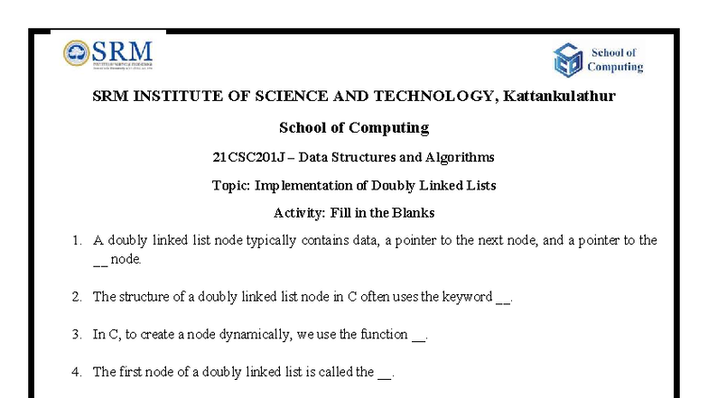 21CSC201J Data Structures & Algorithms: Doubly Linked Lists Activity - Studocu