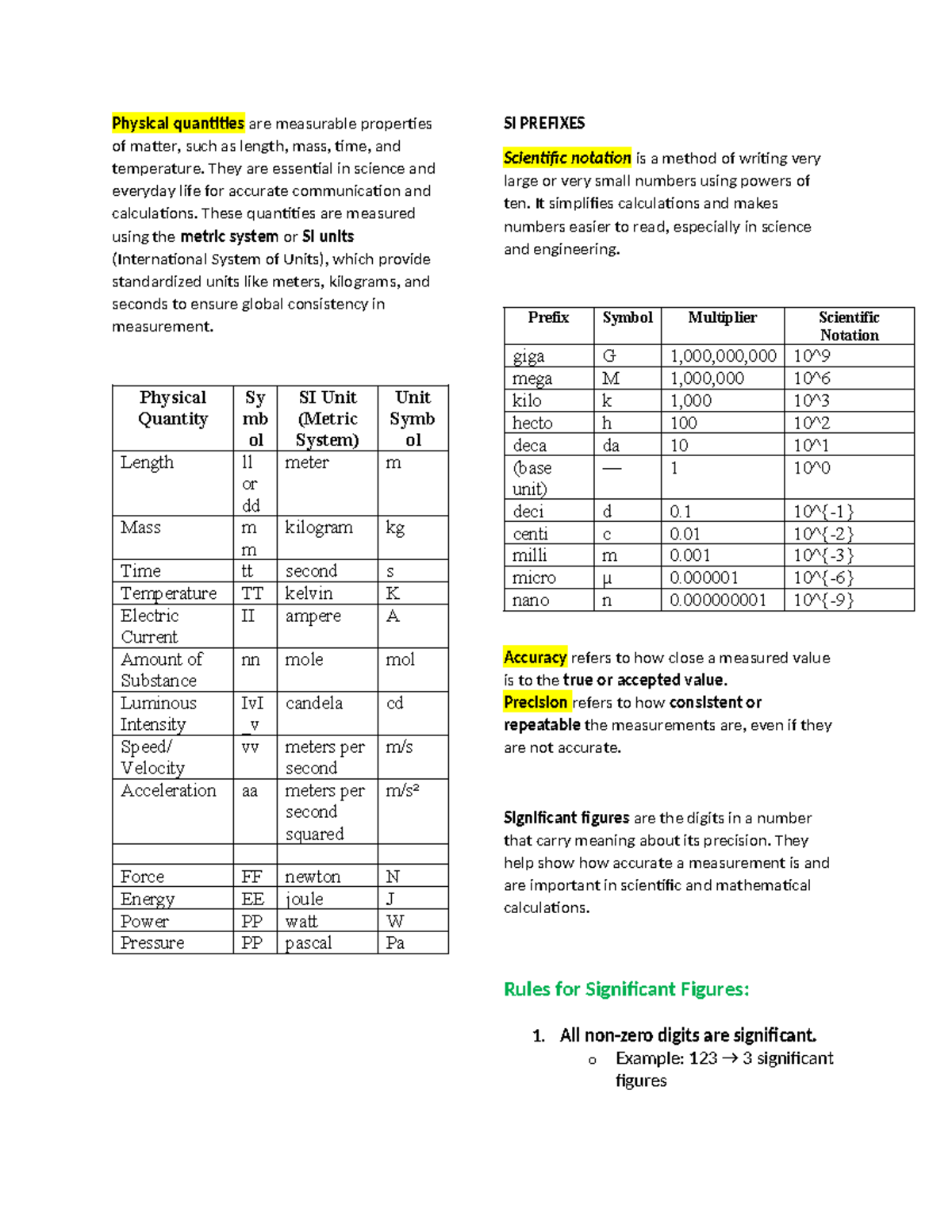 PHYS 101: Understanding Physical Quantities and Measurements - Studocu