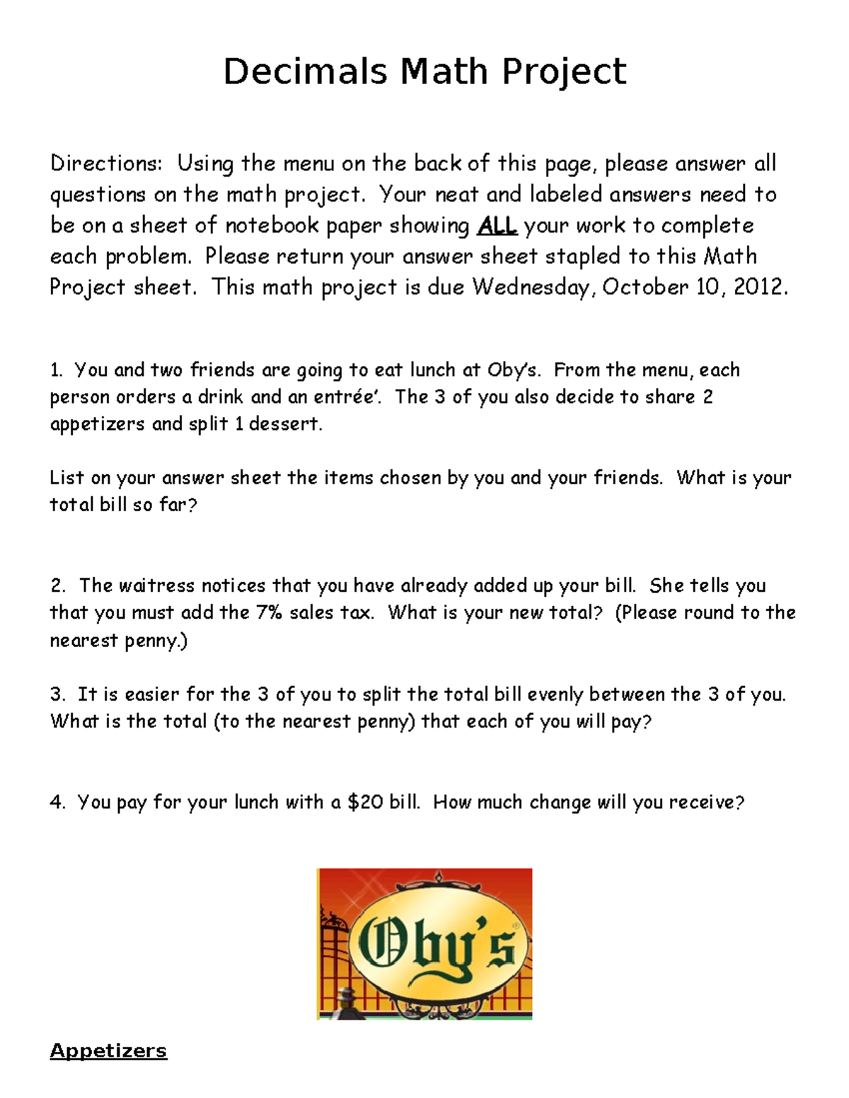 Math Project Directions: Decimals & Total Bill Calculation - Studocu