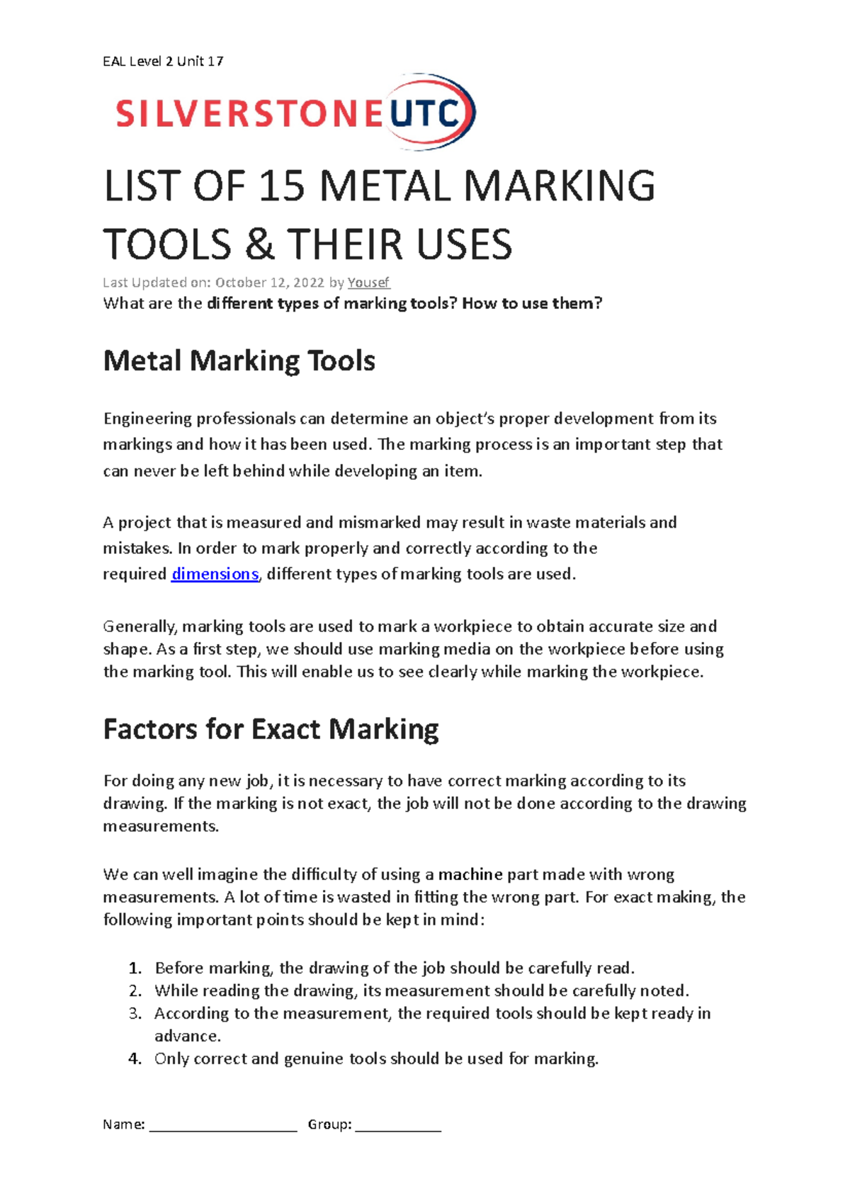 LIST OF 15 METAL MARKING TOOLS & THEIR USES - Studocu
